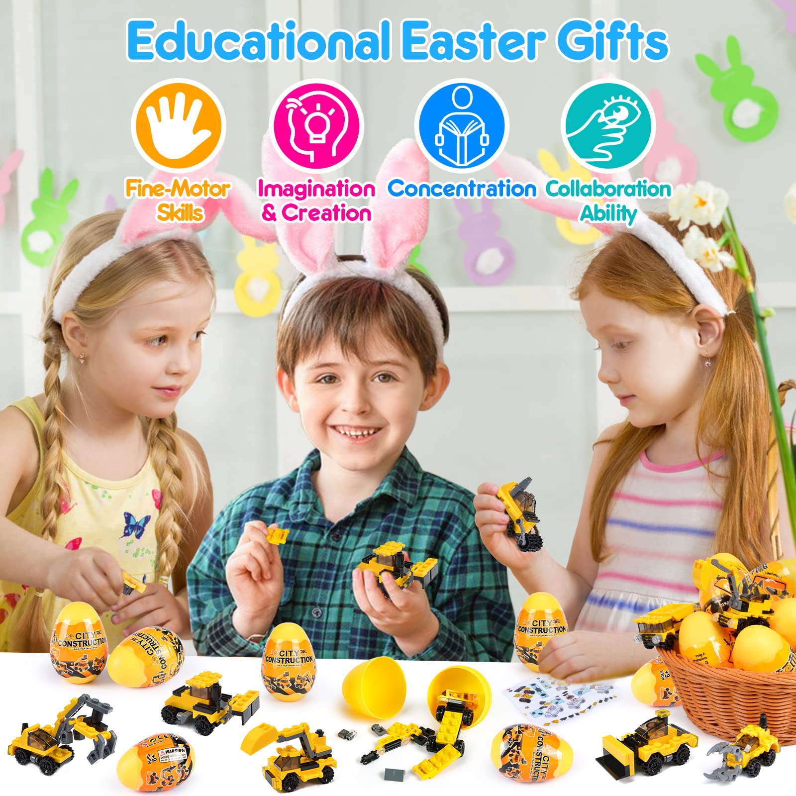 EZIGO Easter Eggs Fillers with Construction Vehicles Building Blocks, 12 Pack Bulk Toy, Basket Stuffers Easter Party Favors Supplies Classroom Prize Easter Hunts Gift for Kids