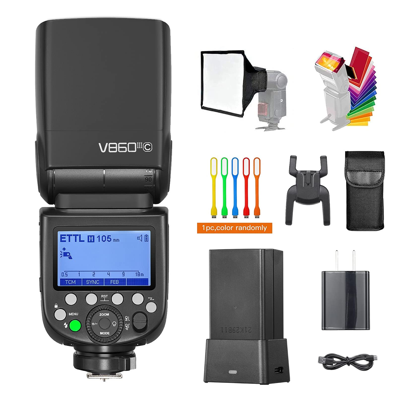 Godox V860III-C E-TTL Camera Flash, High-Speed Sync 1/8000s 2.4G GN60 Speedlight, 2600mAh Li-ion Battery Speedlite Compatible for Canon Cameras (Upgraded V860II-C) with Softbox, Filter, USB LED