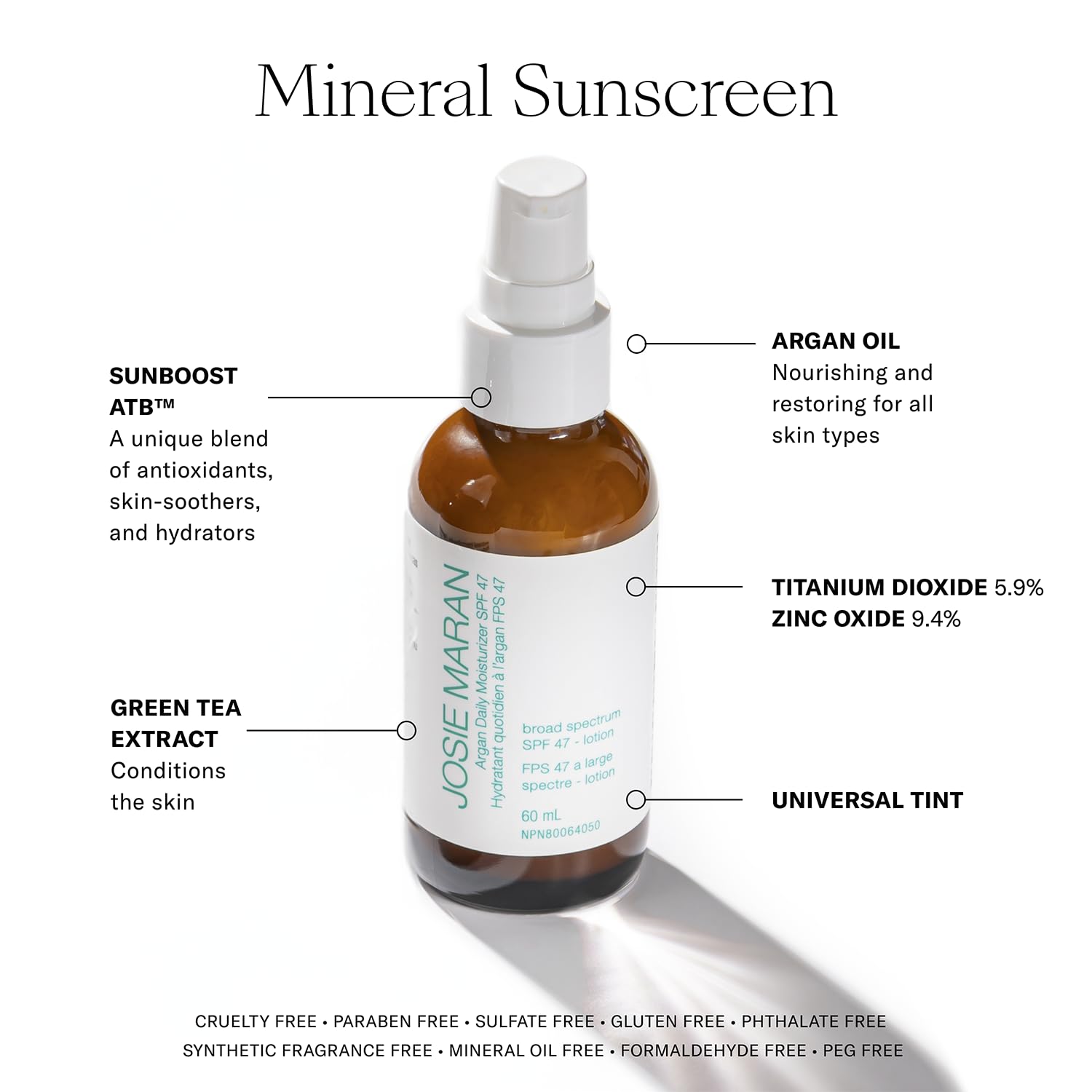 Josie Maran Protect & Perfect Face Moisturizer & Facial Sunscreen with SunBoost ATB - Tinted Mineral Sunscreen with SPF 47 - Chemical-Free & Lightweight Sunscreen Moisturizer (2 oz)