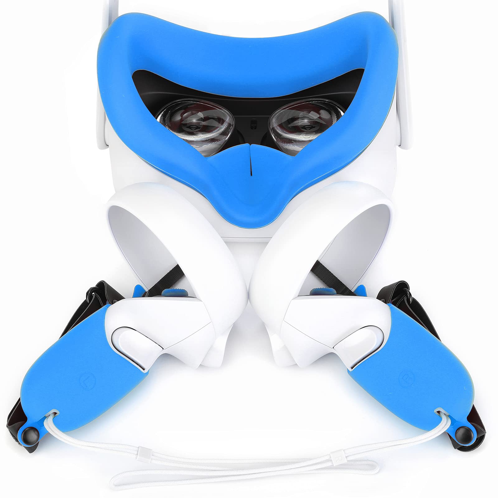 Face Cover & Controller Grip Protective Sleeve for Oculus Quest 2 Light Proof Silicone Face Pad Cushion Anti Collision Handle Cover Shell w/Adjustable Wrist Knuckle Strap No Signal Block (Blue)