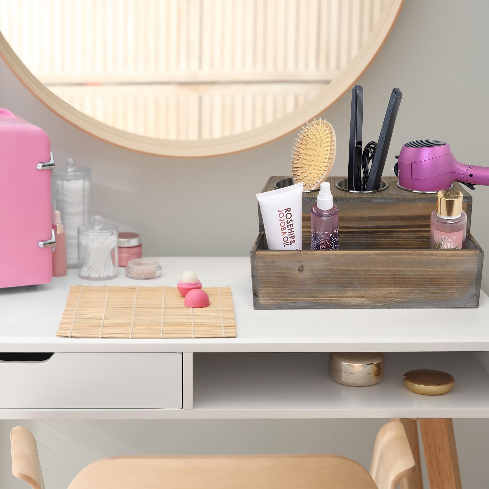 Besti Wooden Hair Dryer Holder β Hair Tools and Styling Supplies Organizer and Storage for Vanity and Bathroom - Natural Elegant Design - Multi-Functional Caddy for Accessories, Makeup, Toiletries