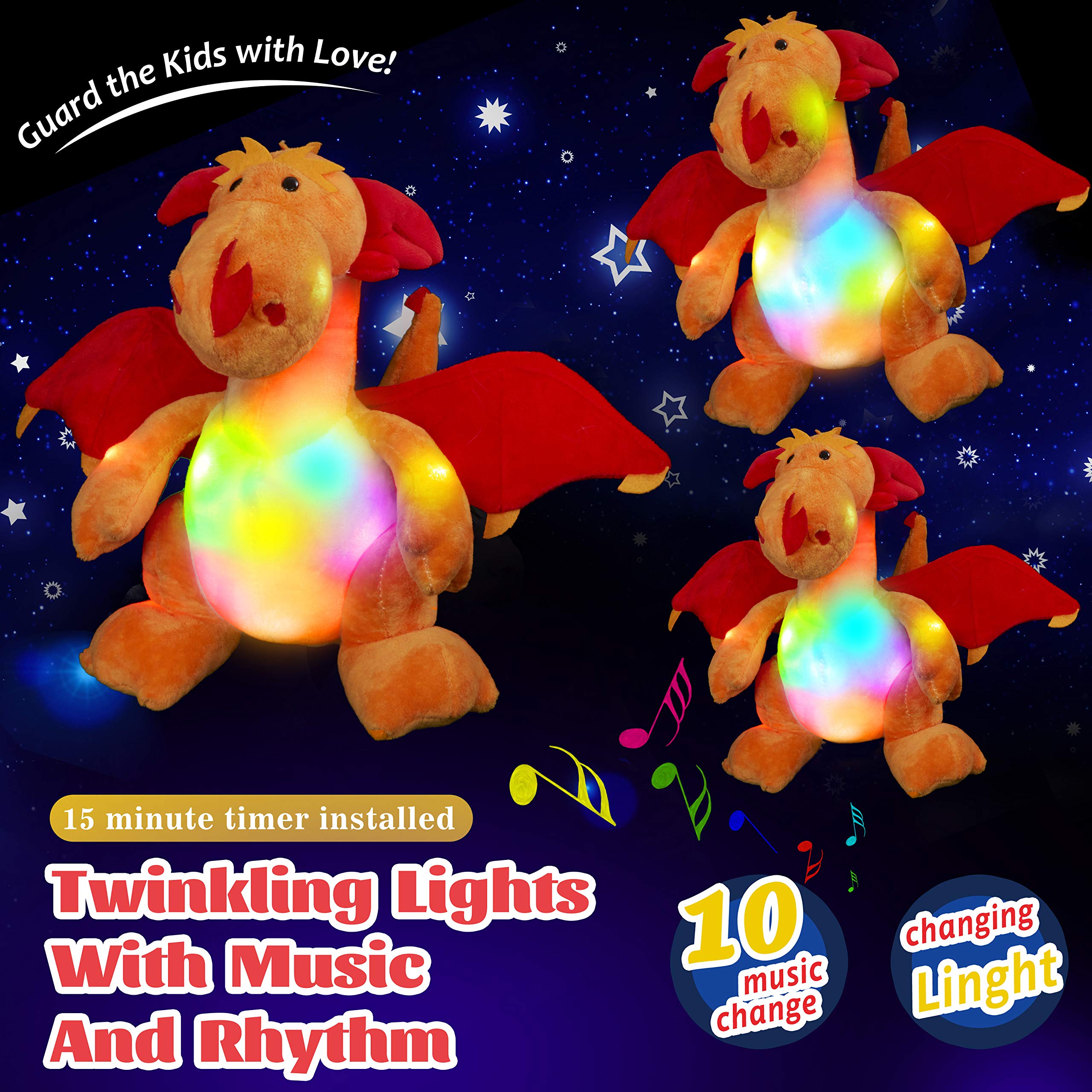 Glow Guards 12’’ Musical Light up Charizard Dragon Stuffed Animal Plush Toy Night Lights Doll Holiday and Birthday Gifts for Kids
