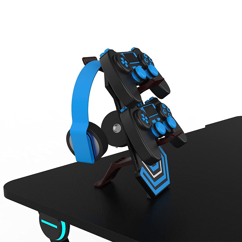 JOY worker Gaming Desk with LED Lights, 43 Inch Z-Shaped Gaming Computer Desk, Carbon Fiber Surface Home Office Game Table with Handle Rack, Cup Holder and Headphone Hook, Black