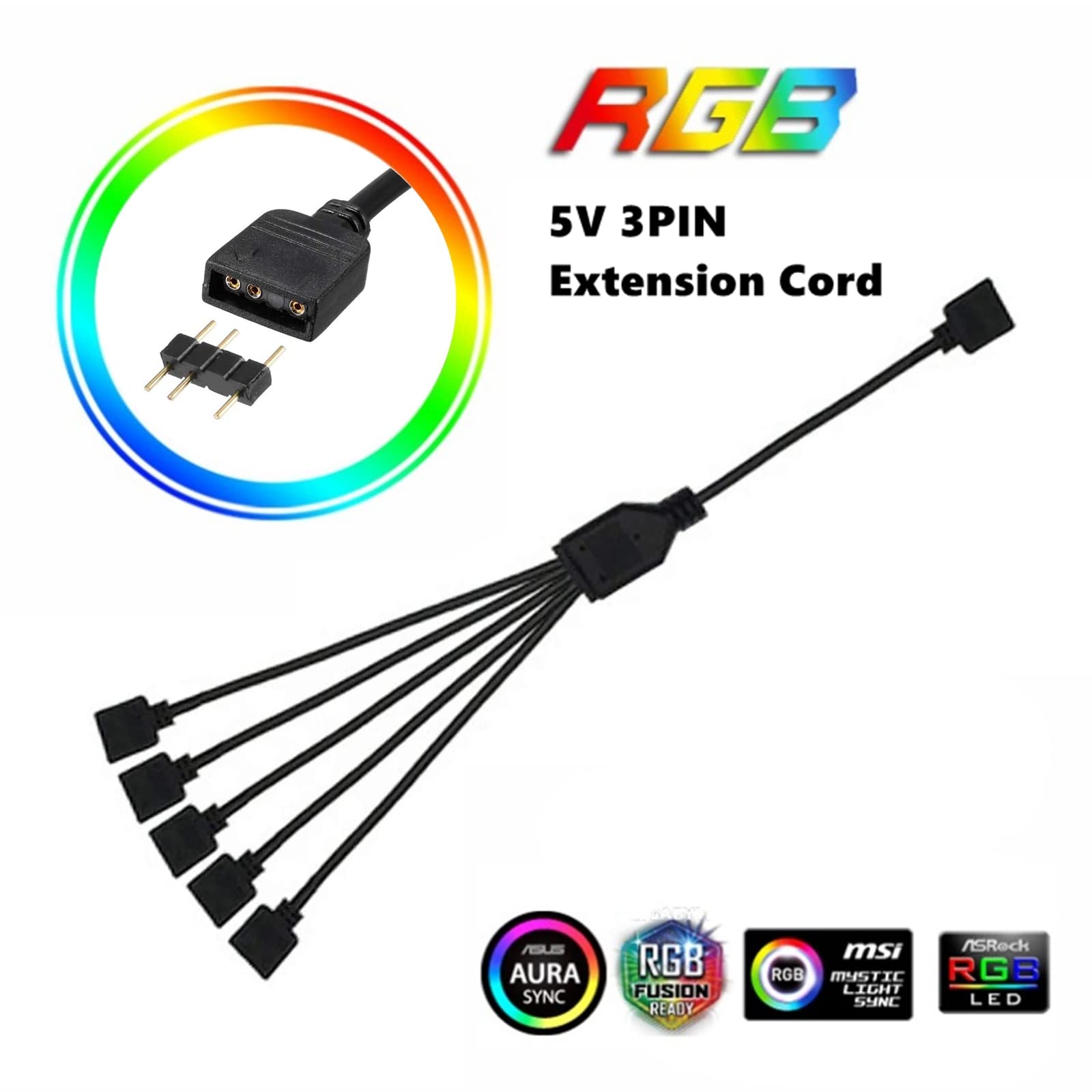Besvalo ARGB Extension Cable 3 Pin, ARGB Interface Extension Cable, 5 V 3-Pin Connector Hub, 12 Inches, 1-1