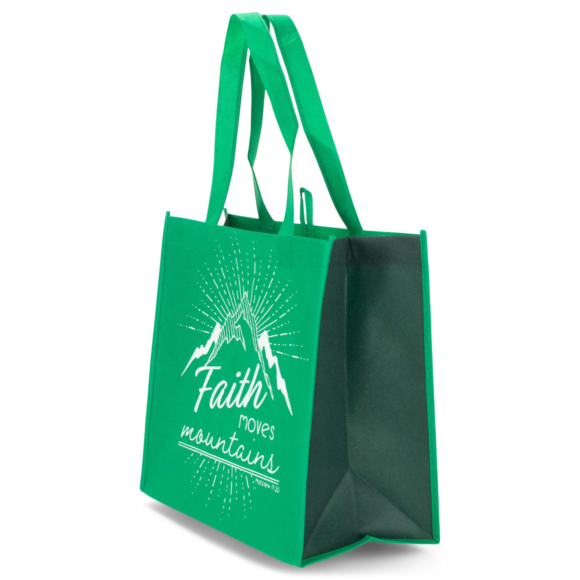 Faith Moves Mountains Scripture Green 12.5 x 12 Canvas Fabric Eco Tote Handbag