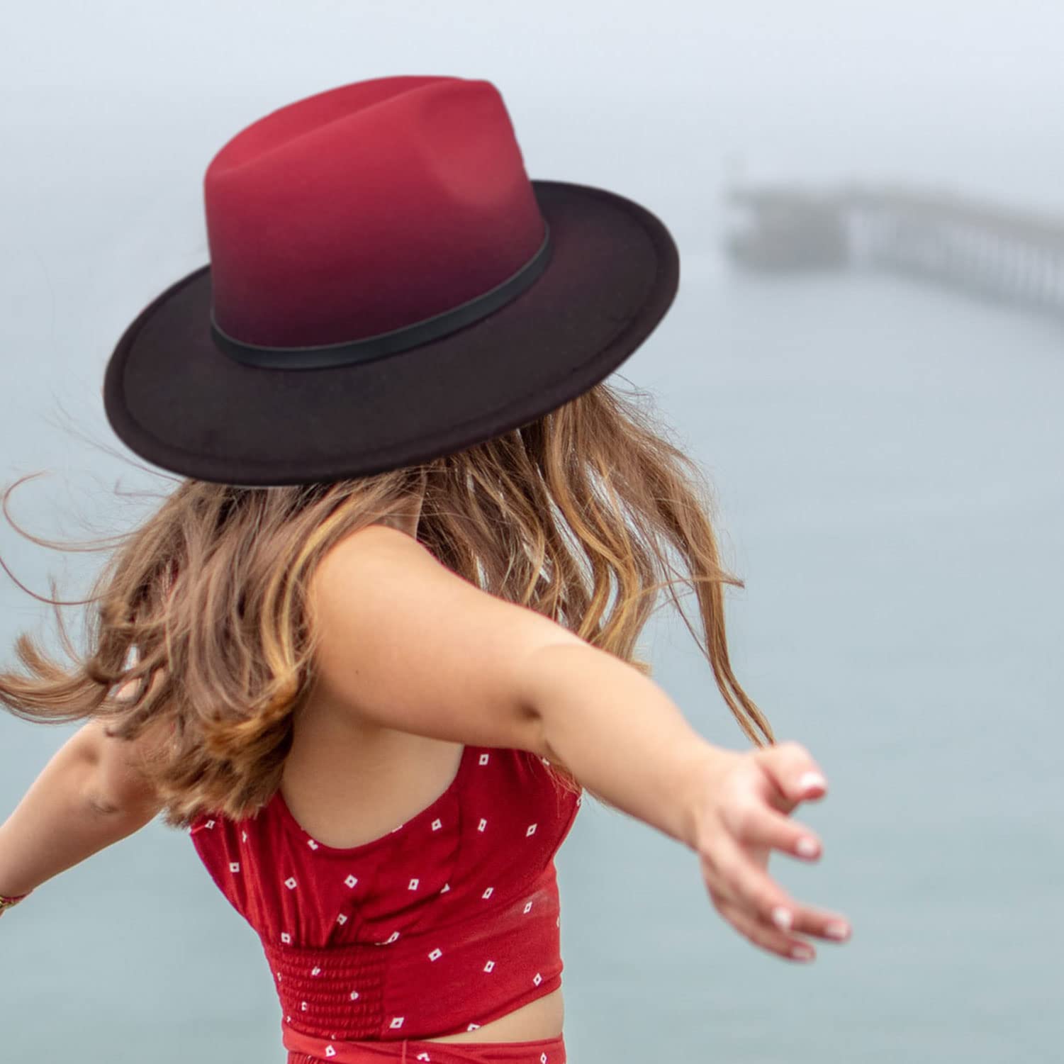 Gossifan Women Gradient Color Fedora Wide Brim Felt Panama Hat with Belt Buckle Orange/Black