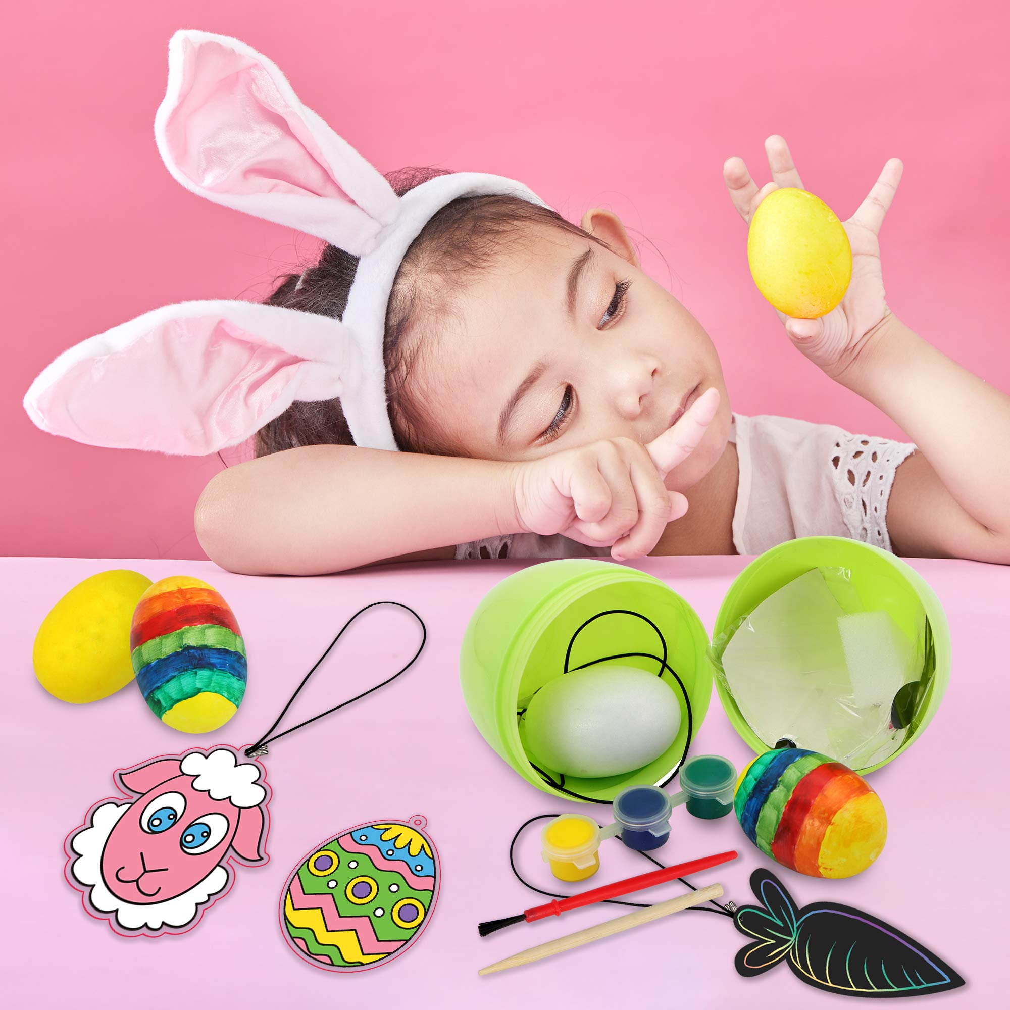 JOYIN 54 Pcs Easter Crafts Assortment Kit with Prefilled Easter Eggs Painting Kit Include Wooden Eggs, Suncatchers and Scratch Cards for Party Favor, Basket Stuffers Fillers
