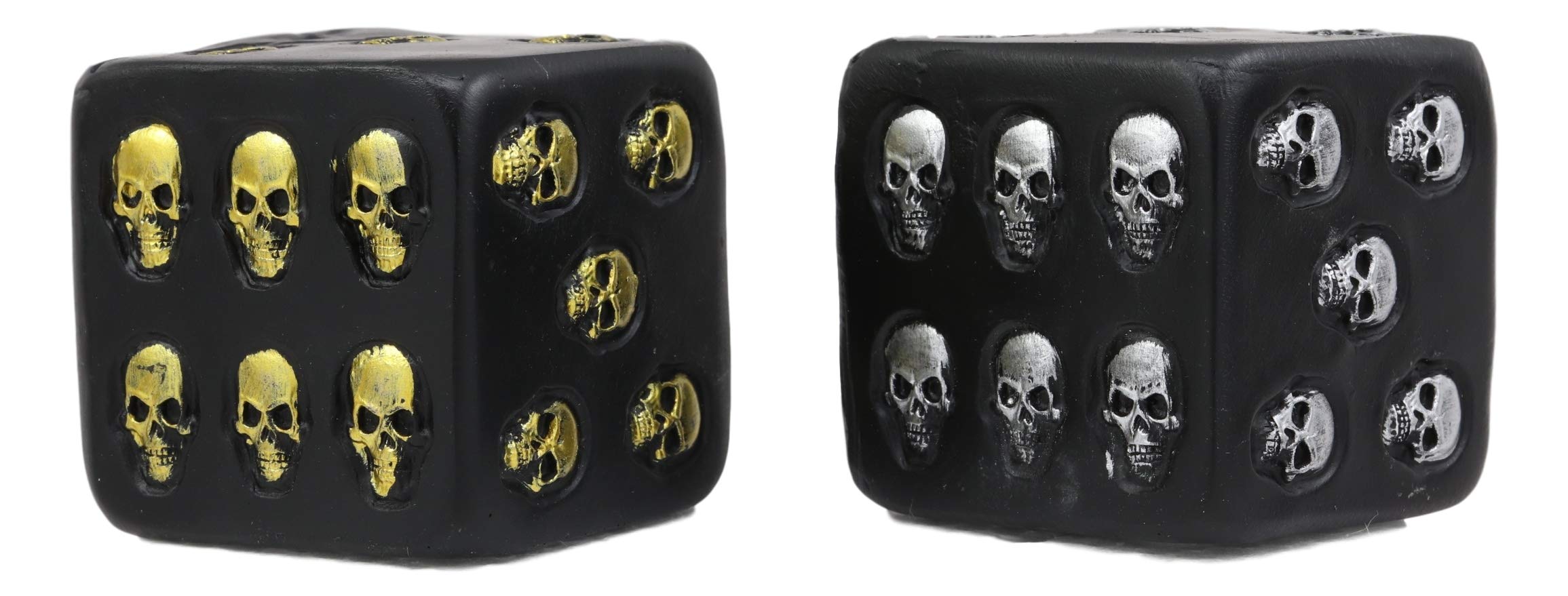 Ebros Oversized Large Decorative 2.25"High Cube Silver And Gold Skull Face Gaming Dice Set of 2 In Matte Black Finish As Ossuary Macabre Spooky Halloween Decor Sculpture Of Graveyard Skulls Skeletons