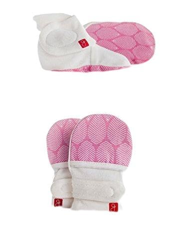 goumikids Organic Mitts & Booties Bundle, Soft Stay On Scratch Proof Mittens and Adjustable Baby Booties (Leaves/Pink, 0-3 Months)