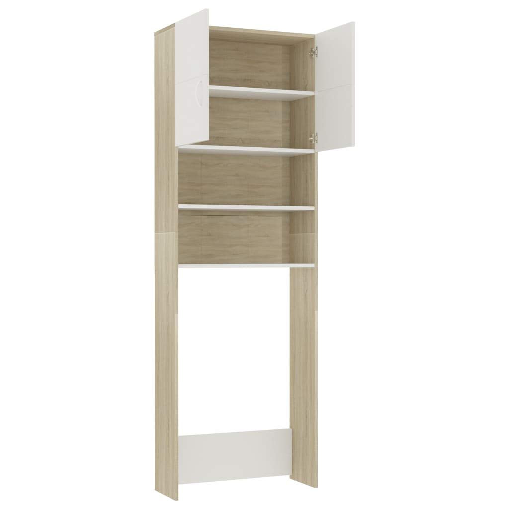 FAMIROSA Washing Machine Shelf, Washer Dryer Storage Shelf, Toilet Bathroom Cabinet above with 2 doors and 2 open compartments 25.2"x10"x74.8"White and Sonoma Oak