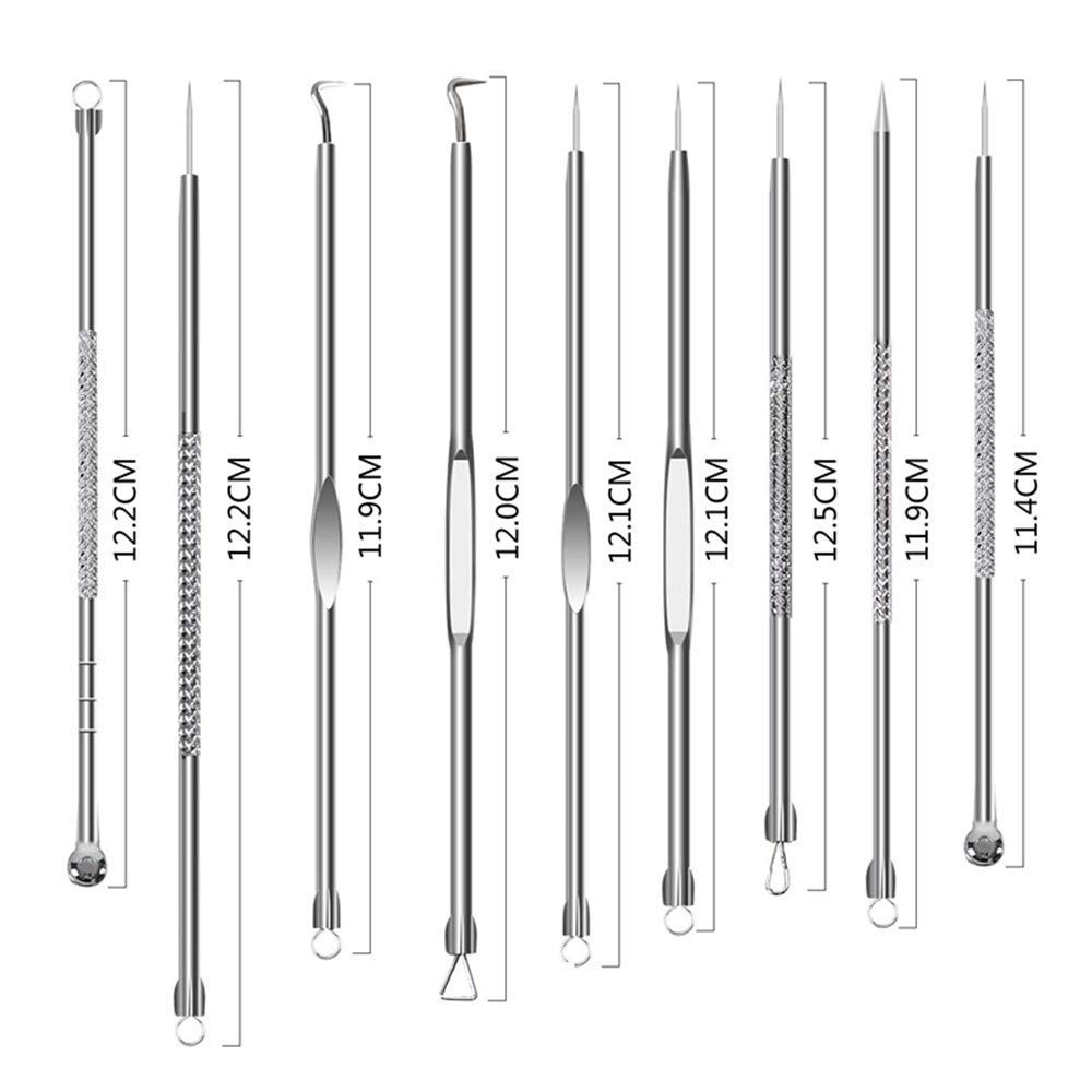 9 In 1 Pimple Blackhead Remover Extractor Tool Kit, Professional Safe Treatment for Zit Popper White Head Acne Blemish Comedone Removing for Nose Face Skin- Black