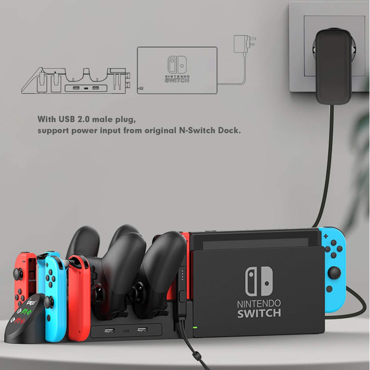 ECHZOVE Charging Dock for Nintendo Switch Controllers, Charger Stand for Switch Pro Controllers and Joy Cons with 2 USB 2.0 Plugs and 2 USB 2.0 Ports - GreenWhite