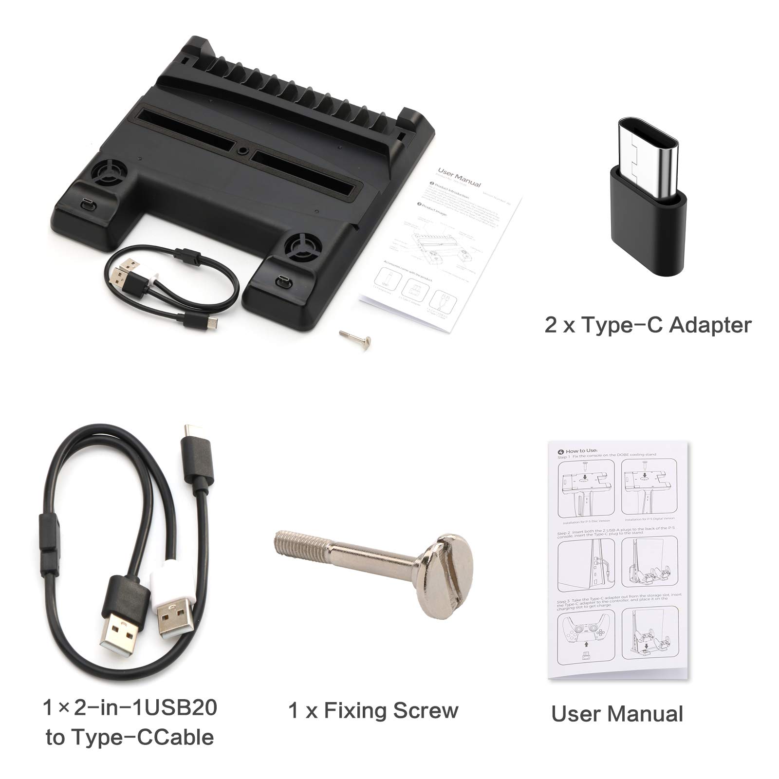 ECHZOVE PS5 Stand with Controller Charger and Cooling Fan, PS5 Digital/Disc Version Stand, PS5 Controller Charger with USB C Cable, PS5 Cooling Stand