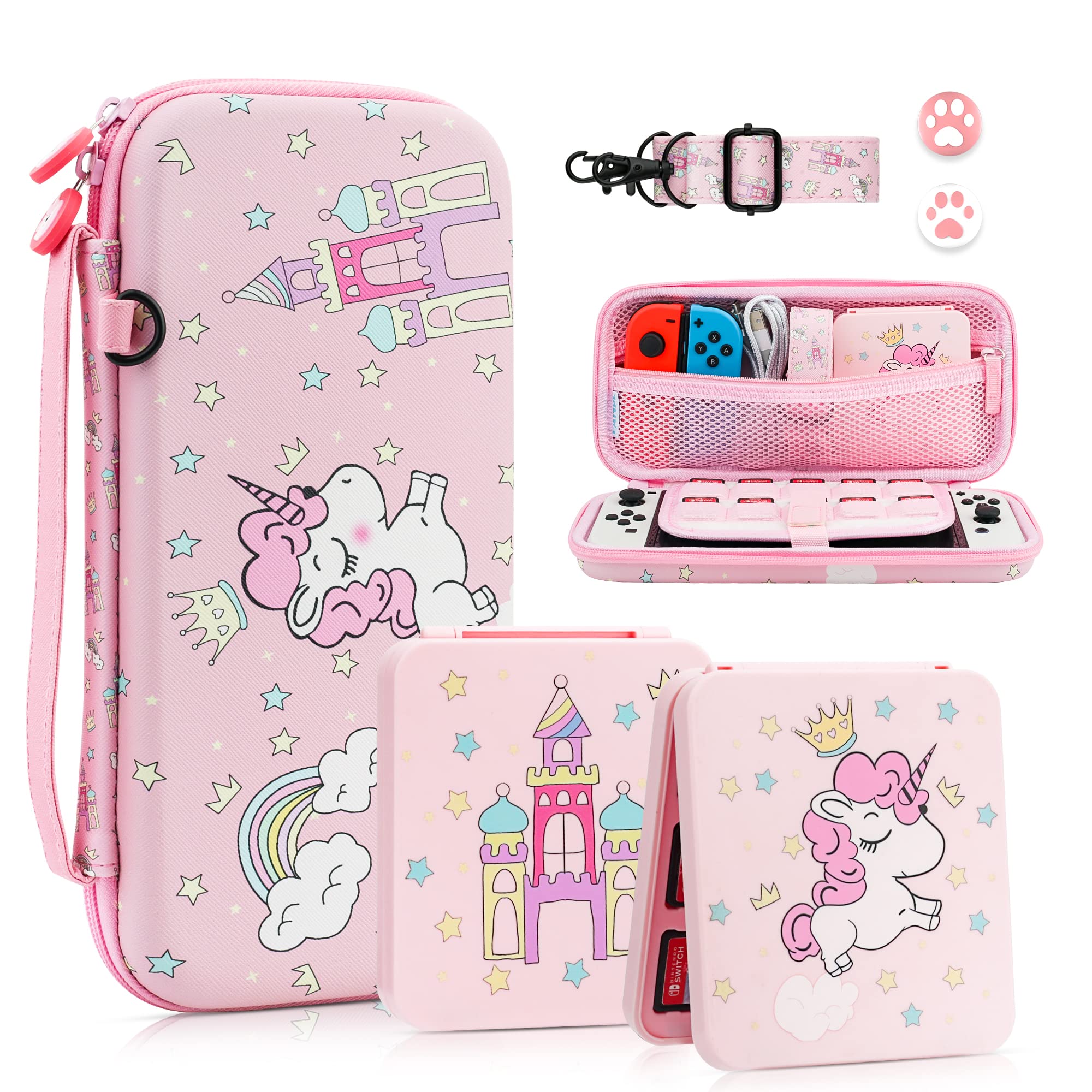 FANPL Carrying Case for Nintendo Switch & OLED Mode, Pink Cute Unicorn Travel Hard Protectiv Cover for Switch with Games Case