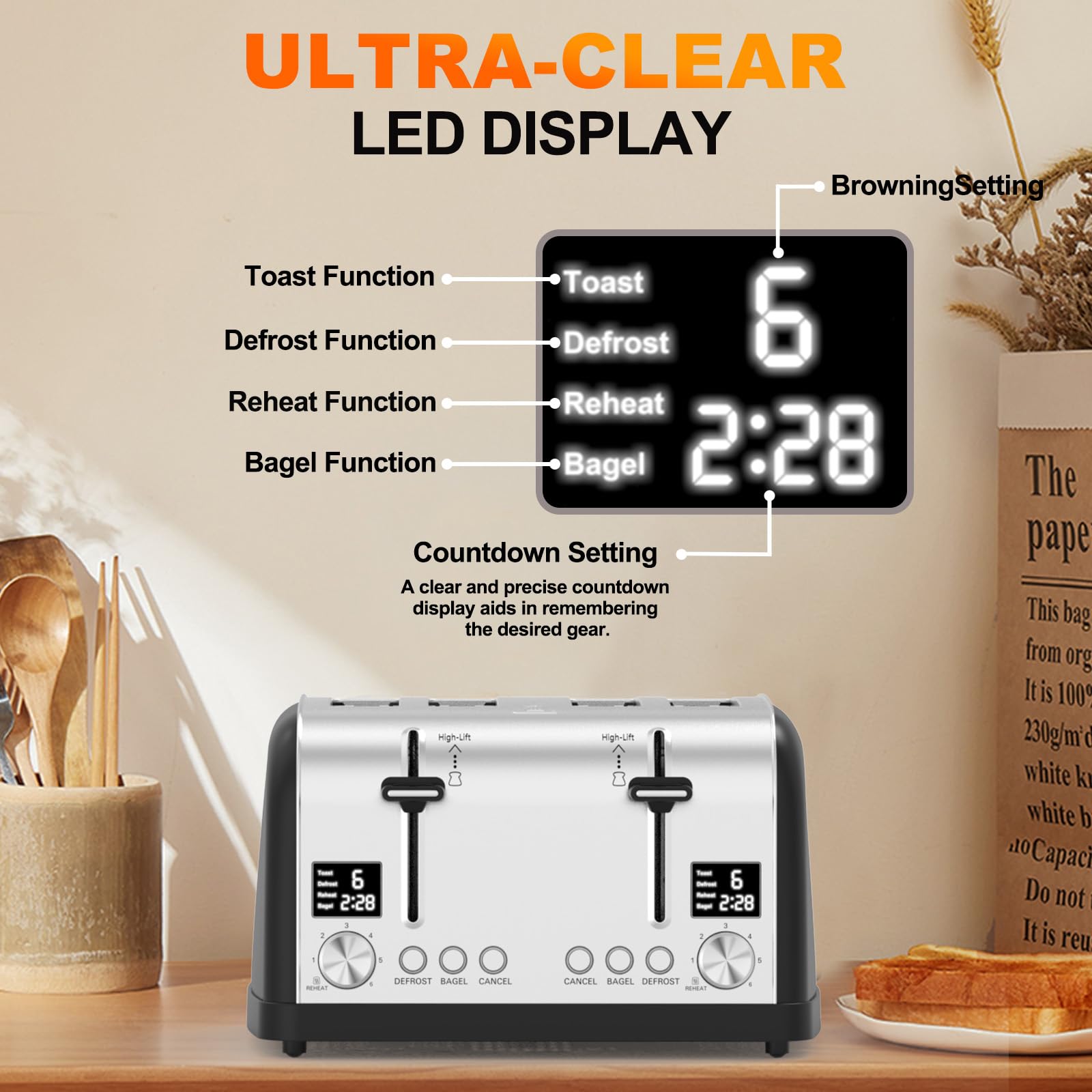 Toaster 4 Slice,Ultra-Clear Led Display, Dual Control Panels With Independent Settings,Retro Stainless Steel Toaster Wide Slot for Waffles, 4 Slice Toaster with Bagel LainstenT-5057D (Black)