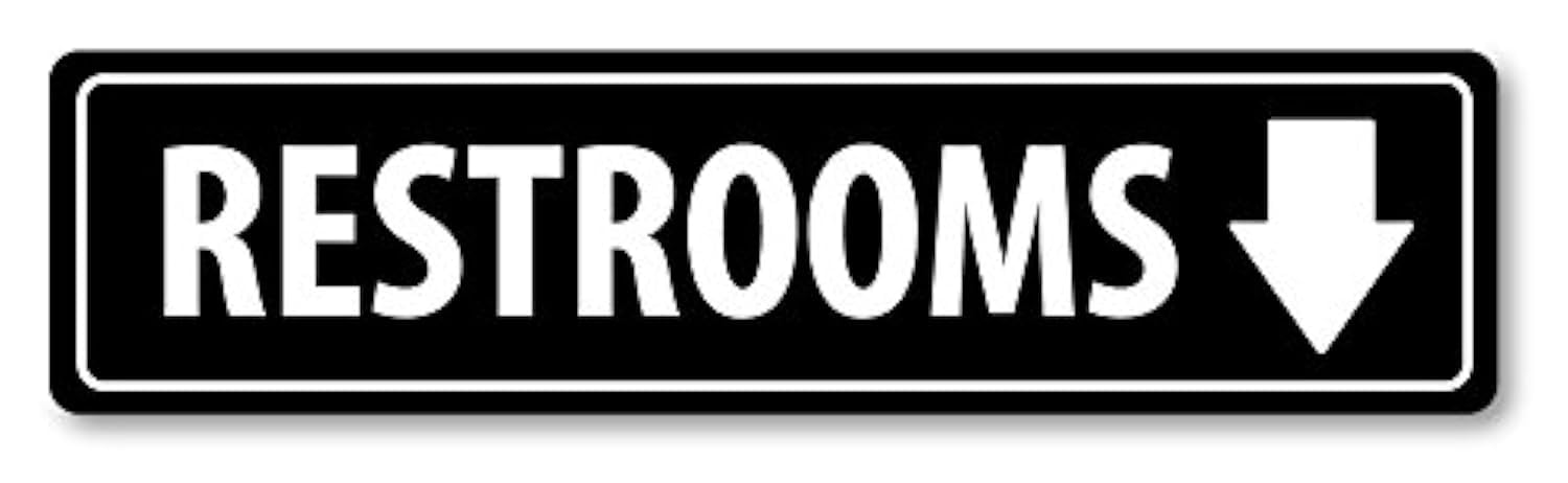 Grafkën: MG1080 Aluminum Sign LARGE 24 in x 6 in: RESTROOMS. ARROW DOWN (black/white) Style 1 (PREVIOUS MODEL)