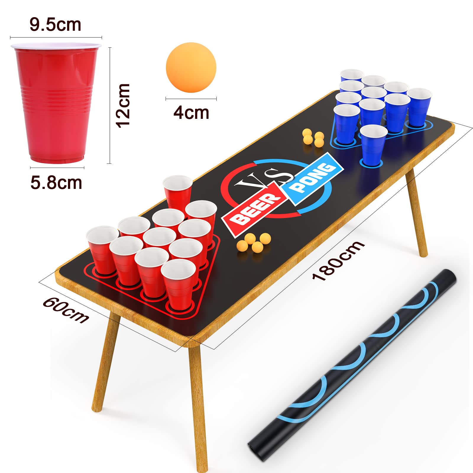 GOLDGE 63 x 23.6 inches Beer Pong Table Mat, Drinking Games for Adults Party, 8pcs Beer Pong Balls, 30pcs Beer Pong Cups
