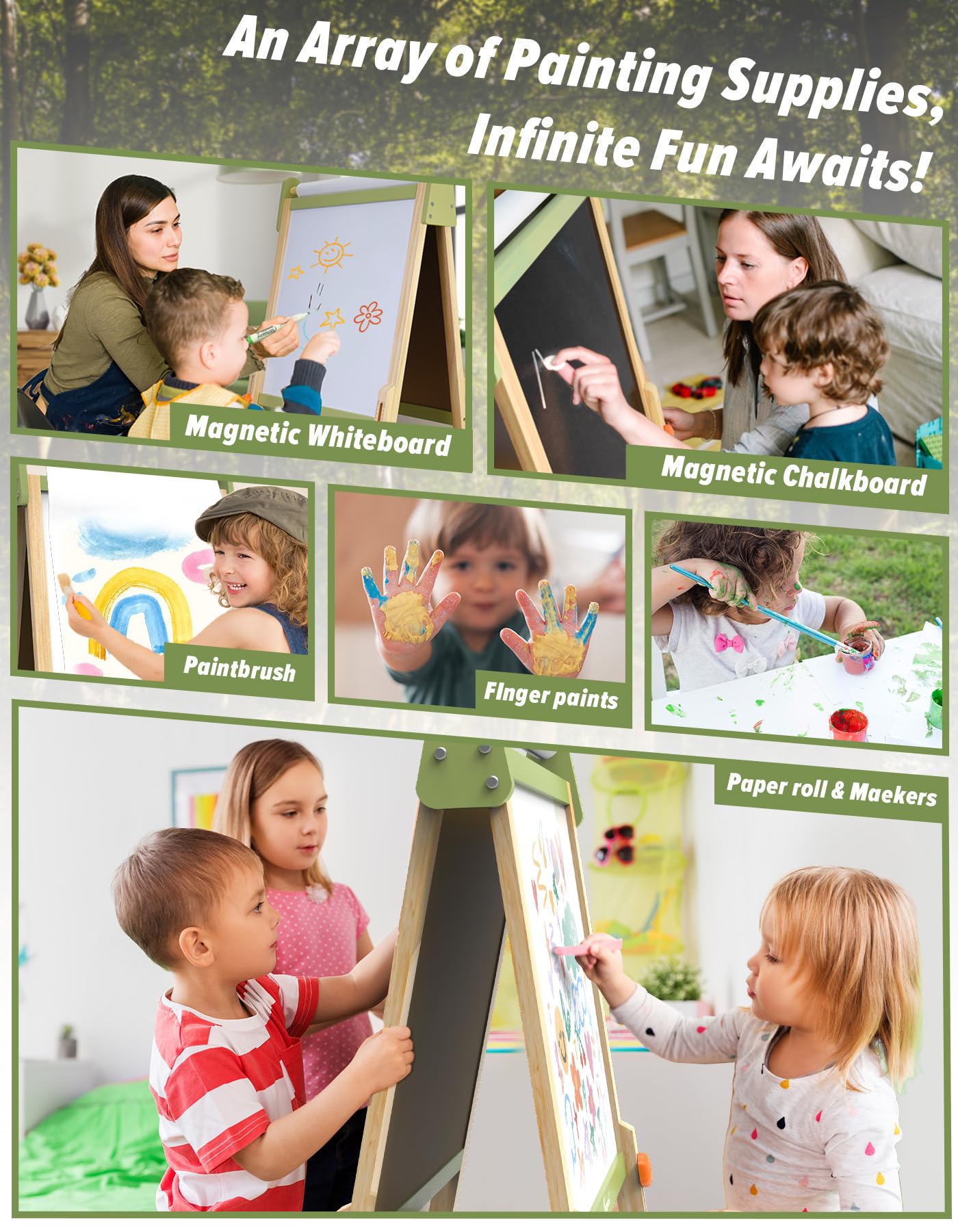 Joyooss Art Easel for Kids, Double-Sided Magnetic Easel for Children with Whiteboard & Chalkboard, Deluxe Standing Easel for Toddler with Paper Roll & Painting Accessories Painting Station for Kids