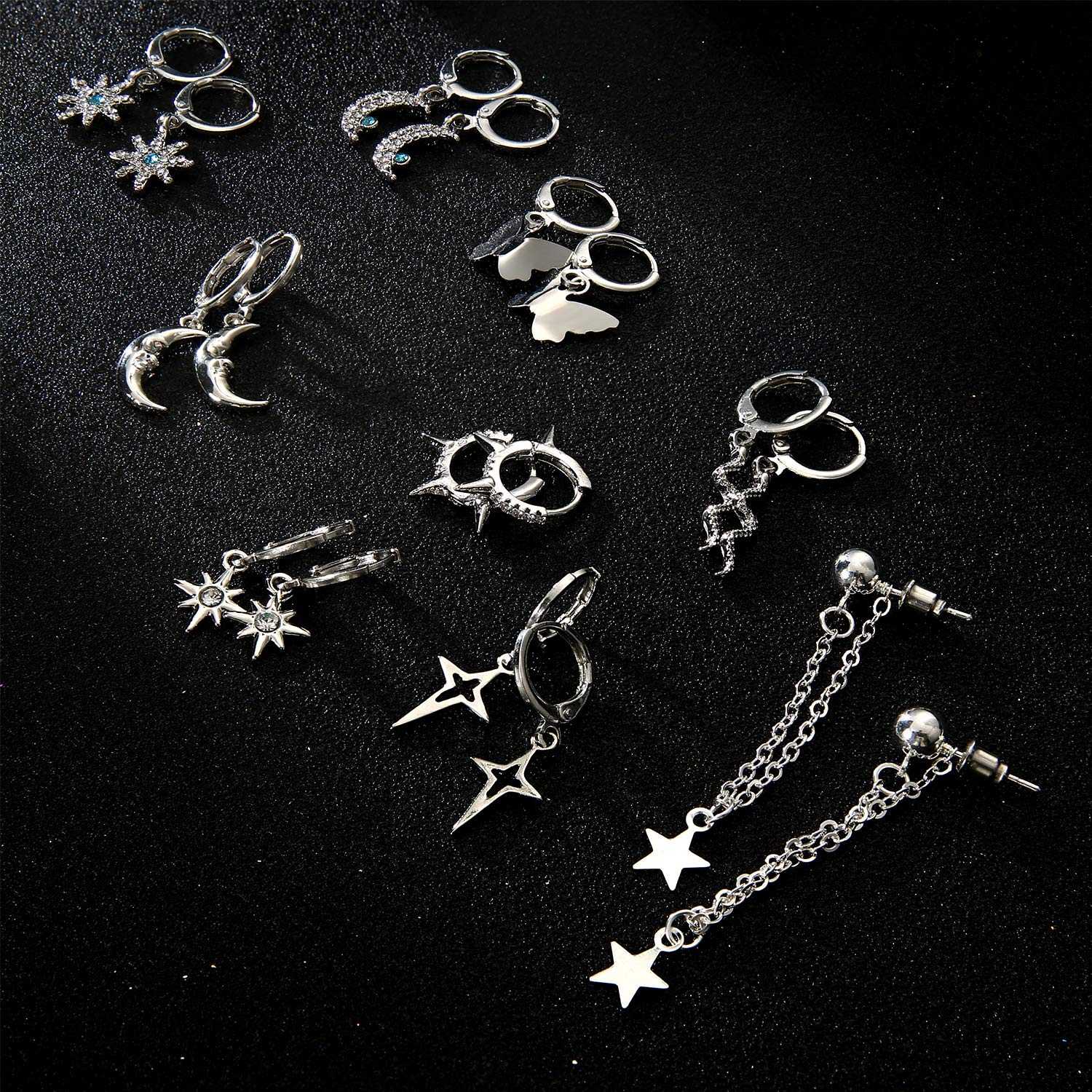 9 Pairs Small Hoop Earring with Charms Huggie Hoop Dangle Earrings Drop Pendant Hoop Earrings for Women (Silver)
