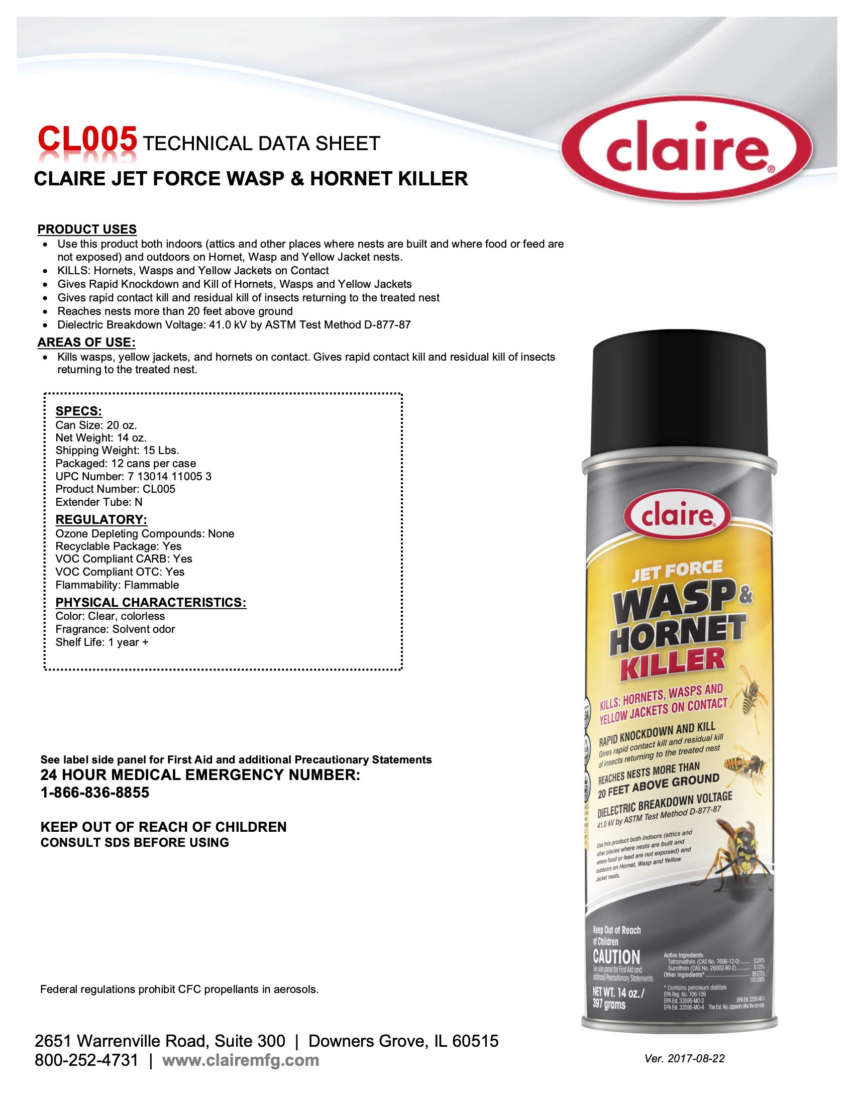 Claire CL005-12pk Jet Force Wasp & Hornet Killer; 14 Oz. Net Wt, 12 Count