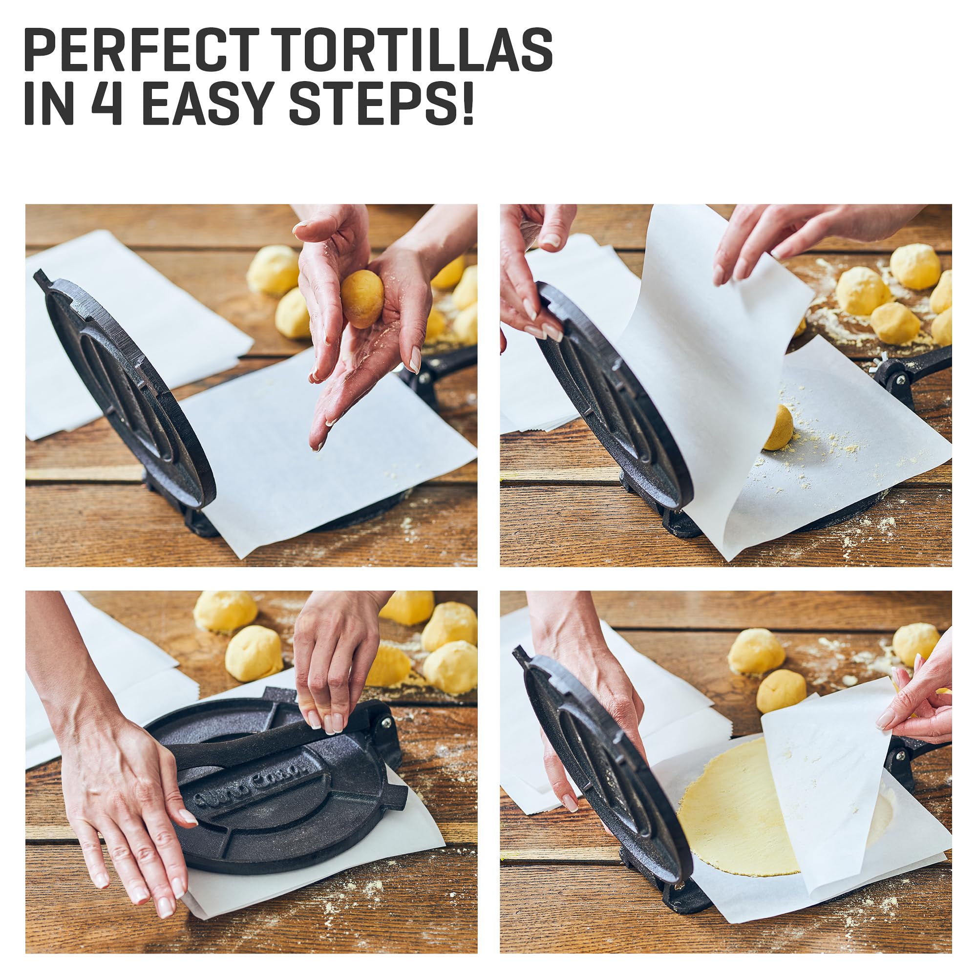 Uno Casa Cast Iron Tortilla Press 10 Inch with Cast Iron Comal Pan - Bundle of Cast Iron Tortilla Skillet for Roti Pan, Tawa Pan, Dosa Pan & Tortilla Press Pataconera