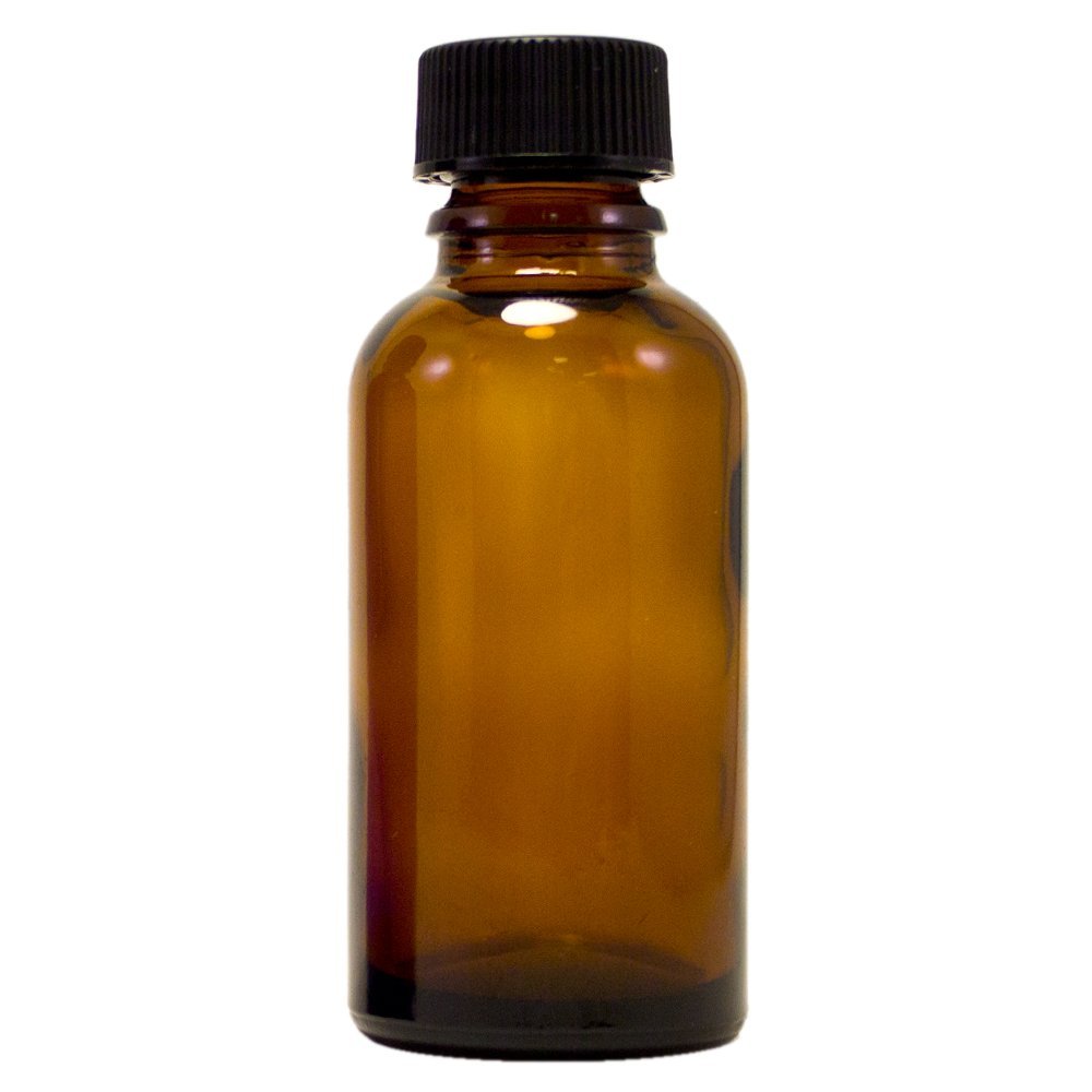 GreenHealth Pack of 4-1oz Amber Glass Bottles for Essential Oils - Mini Boston Round Bottles with Lids - Black Plastic Cap