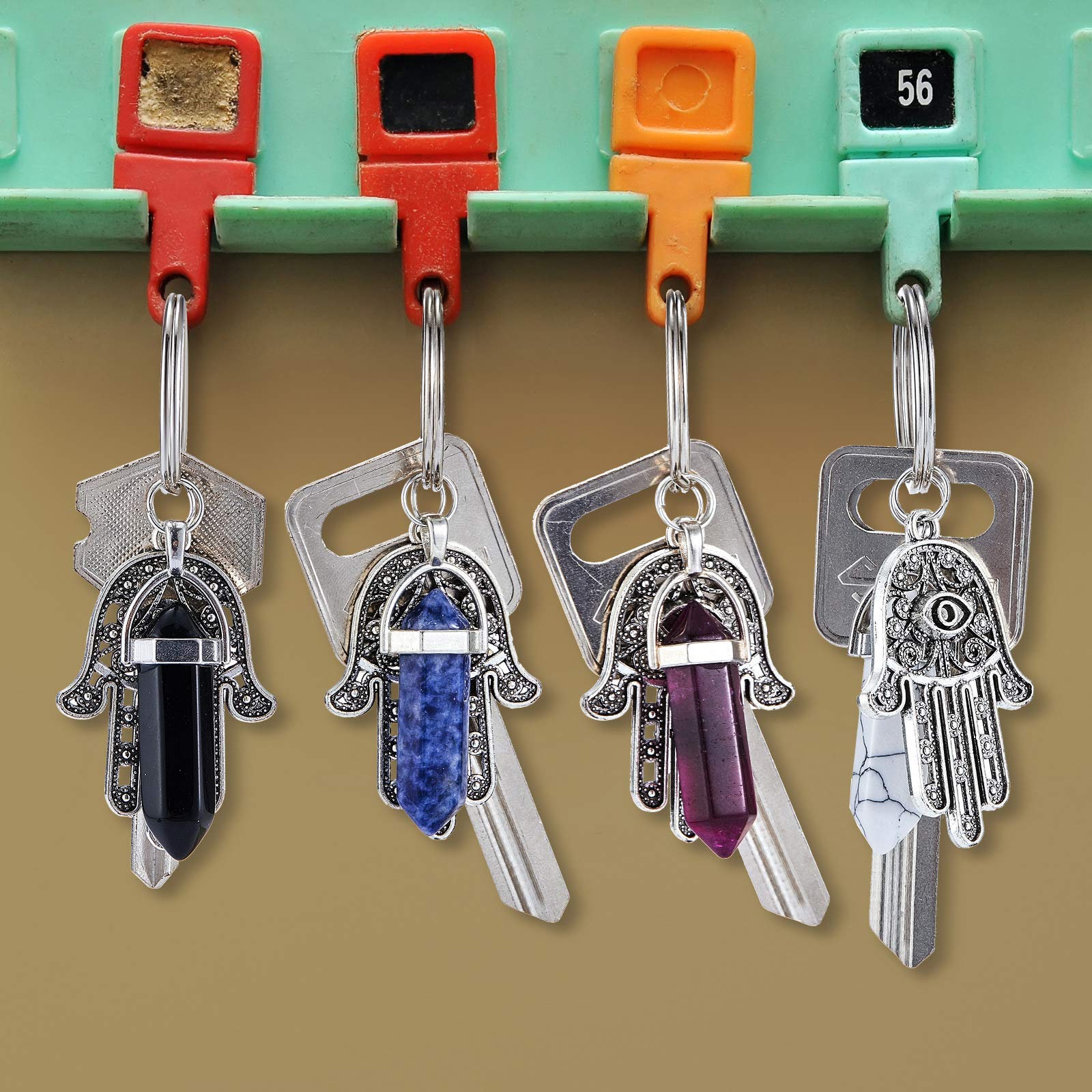 9 Pieces Crystal Keychain Hamsa Charm Hamsa Hand Keychain Ring Lucky Hamsa Evil Eye Keychain with Healing Stone for Women Girls Protection