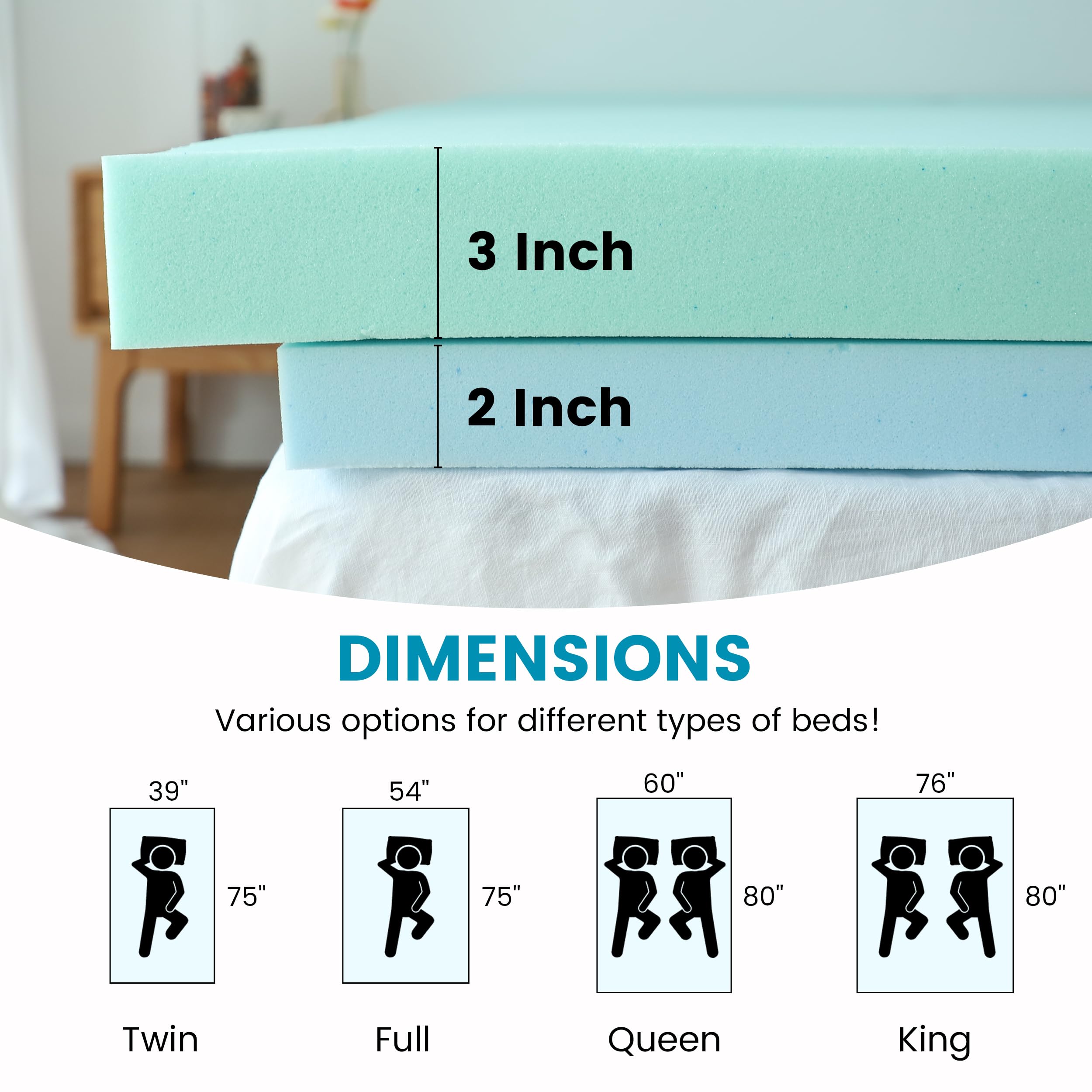 Simple&Opulence 2 Inch Memory Foam Mattress Topper, Cooling Gel Infused Mattress Pad for Back Pain Relief,Ventilated and Breathable - Queen Size