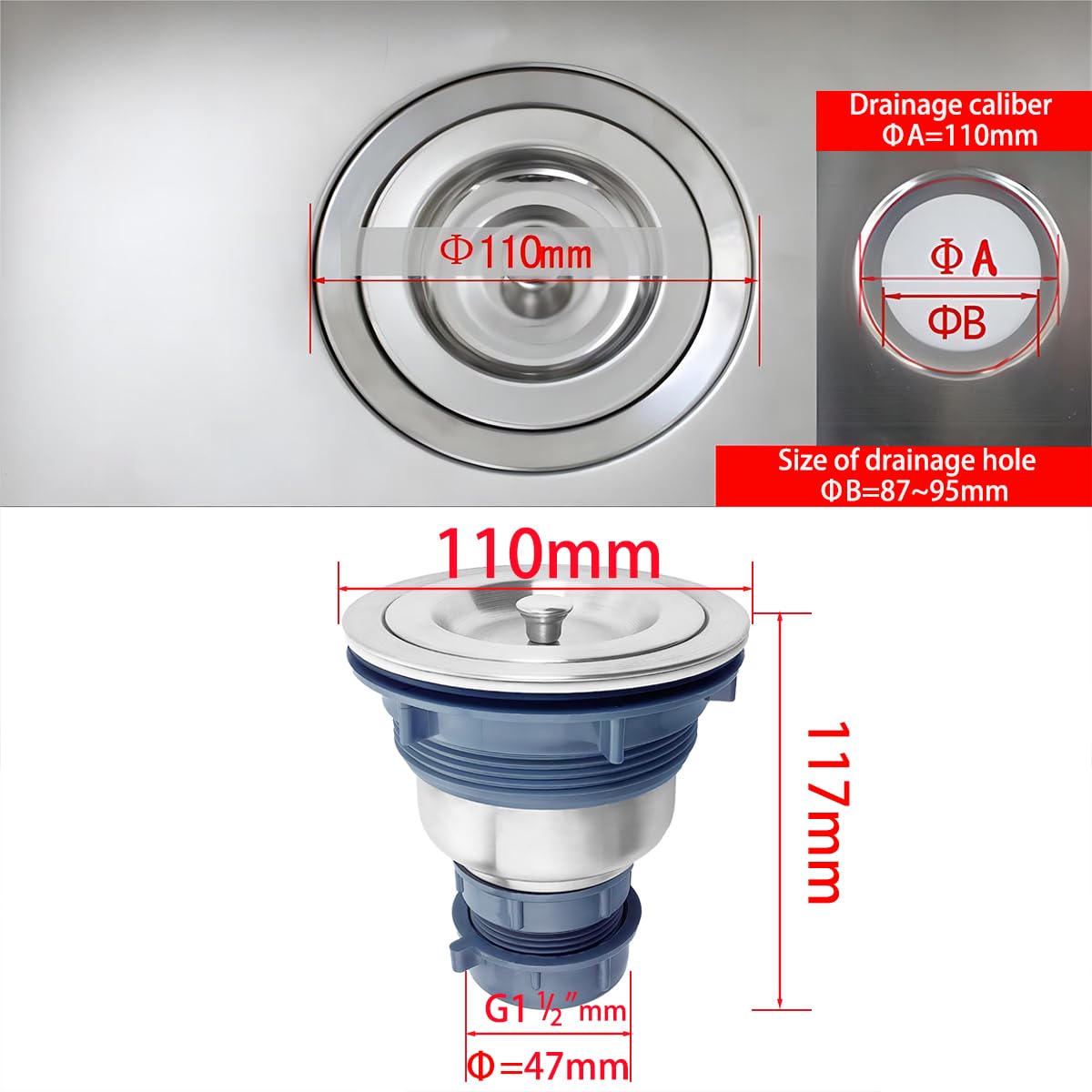 Qrity Kitchen Sink Drain Assembly Kit 110mm, Stainless Steel Sink Basket Strainer, Removable Waste Basket/Sealed Lid