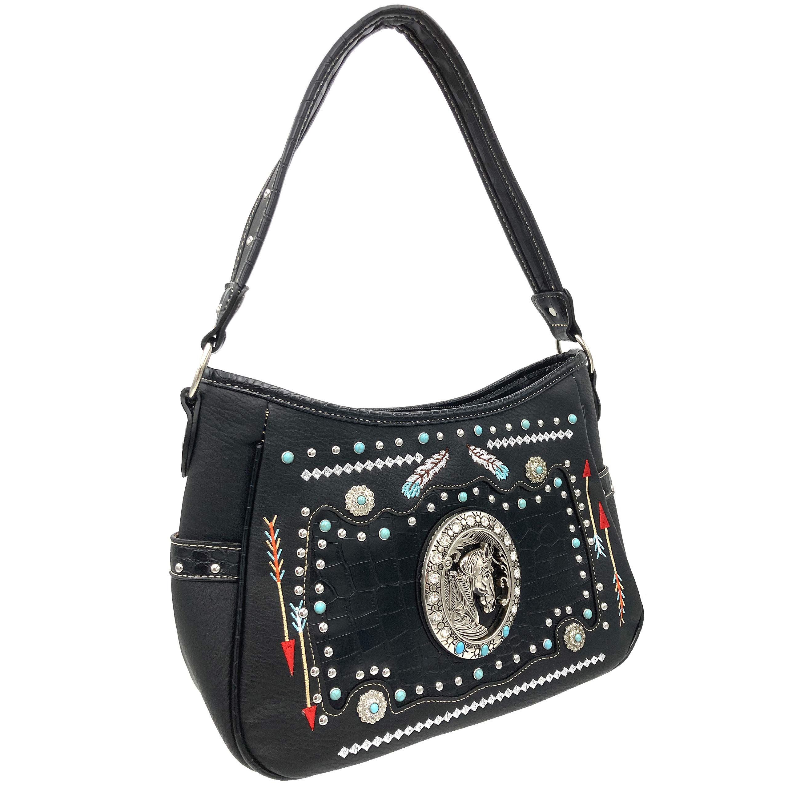 Horse Feather Tribal Embroidery Western Country Women Conceal Carry Hobo Purse (Black)