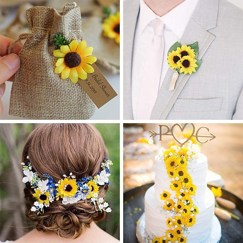 Faym 100pcs Artificial Silk Yellow Sunflower Artificial Sunflower Heads HeadsFabric Floral for Home Decoration Wedding Decor Bride Holding Flowers Garden Craft Art Decor