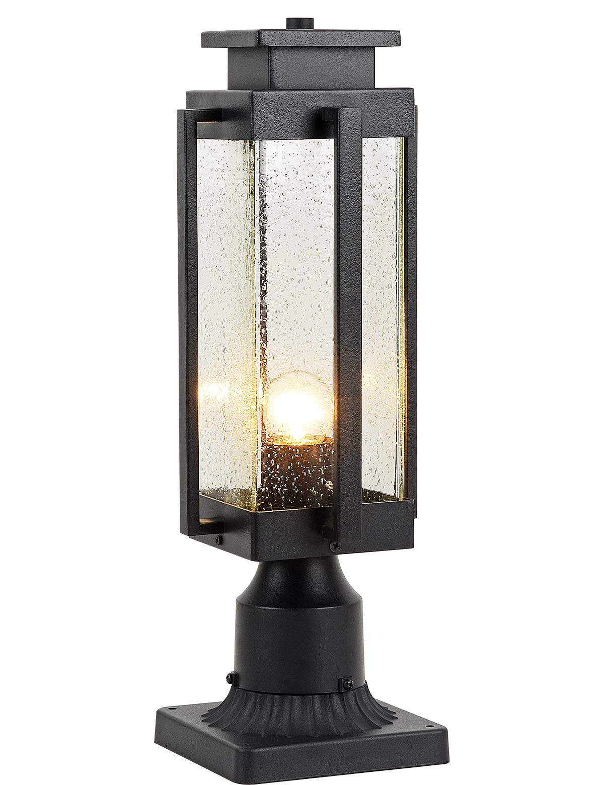 EERU Outdoor Post Light Fixtures 18" Large Exterior Post Lantern with Pier Mount Base IP65 Waterproof Black Finish with Seeded Glass Pier Mount Light Outdoor Pole Light for Patio, Porch, Yard, Garden
