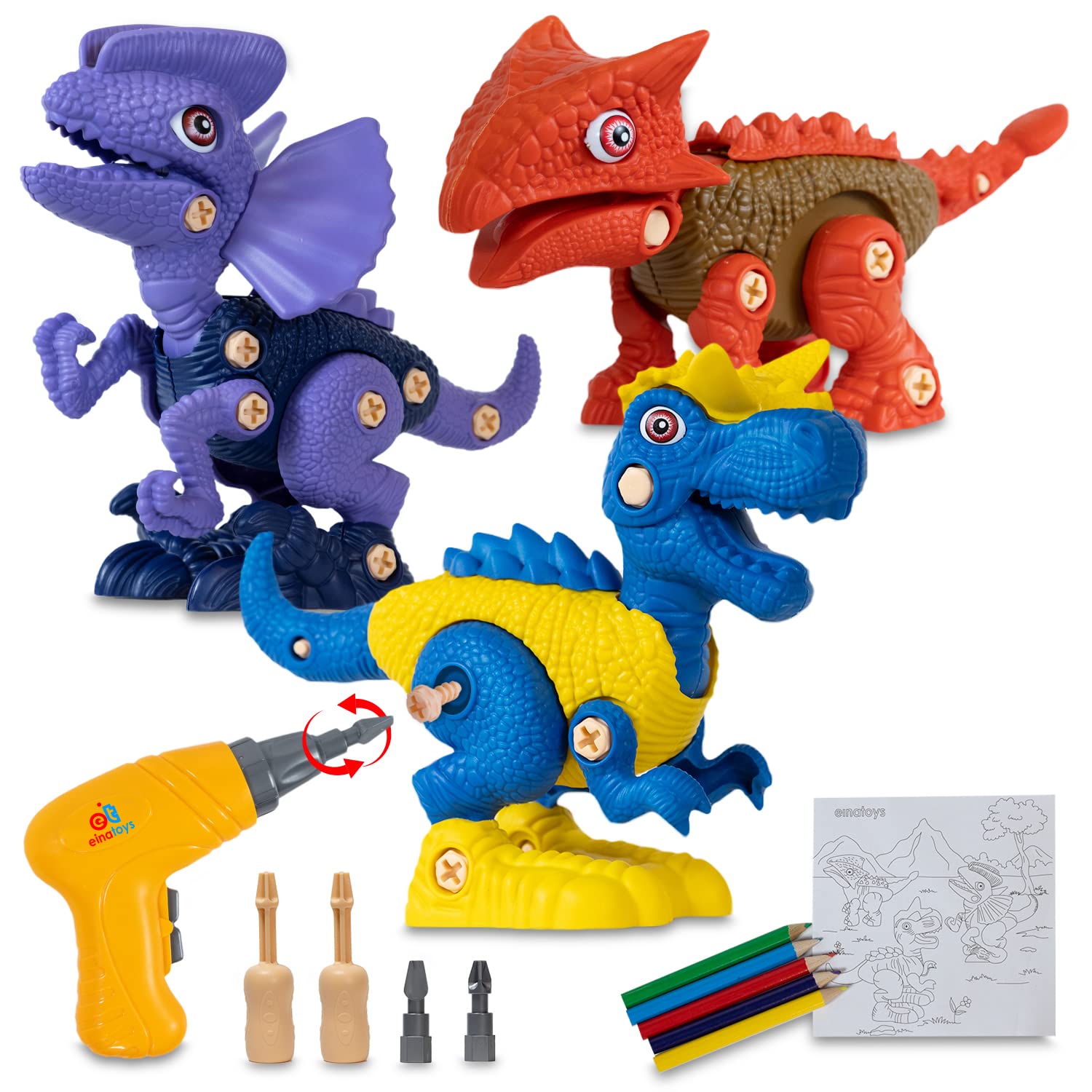 einatoys Take Apart Dinosaur Toys for Boys & Girls â Ages 3, 4, 5, 6, and 7 STEM Building Toys with Electric Drill â 3 Pc. Construction Building Toy Dinosaur Set â Fun and Educational Birthday Gift