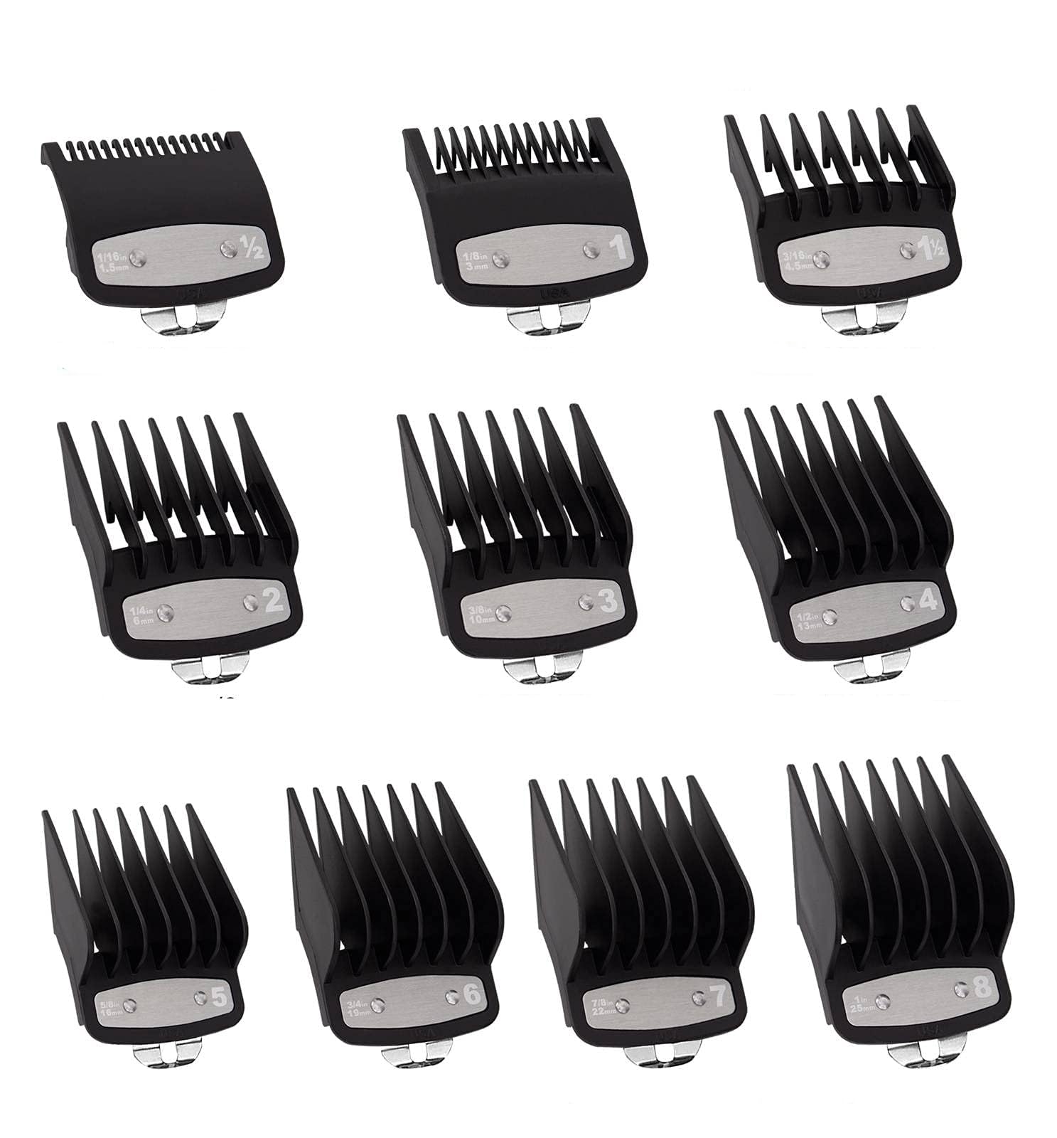 Clipper Guards Cutting Guides Compatible with Wahl Clipper with Metal Clip-from 1/16 Inch to 1 Inch(1.5-25mm),10 Pack Black