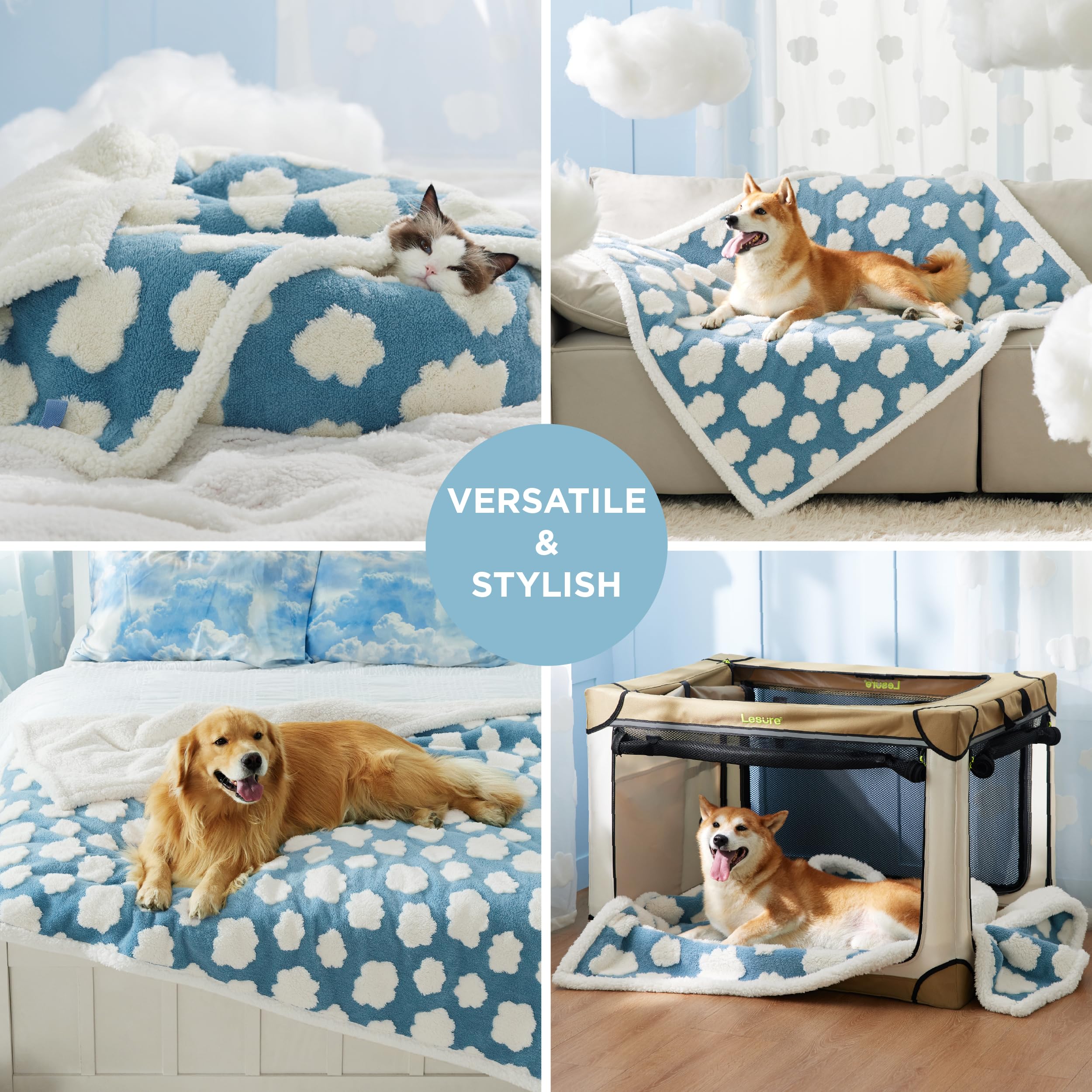 Lesure Waterproof Dog Blanket for Large Dogs - Washable Double Sided Dog Blankets with Warm Jacquard Shag and Soft Sherpa Fleece, Pet Cat Blanket for Couch Protection, 3D Textured Cloud, Blue