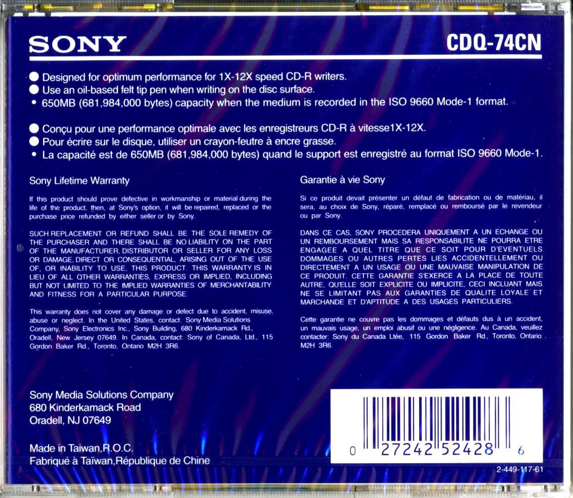 Sony 1-Pack CD-R Recorder Media CDQ-74CN 650MB 74min 12x with Jewel Case
