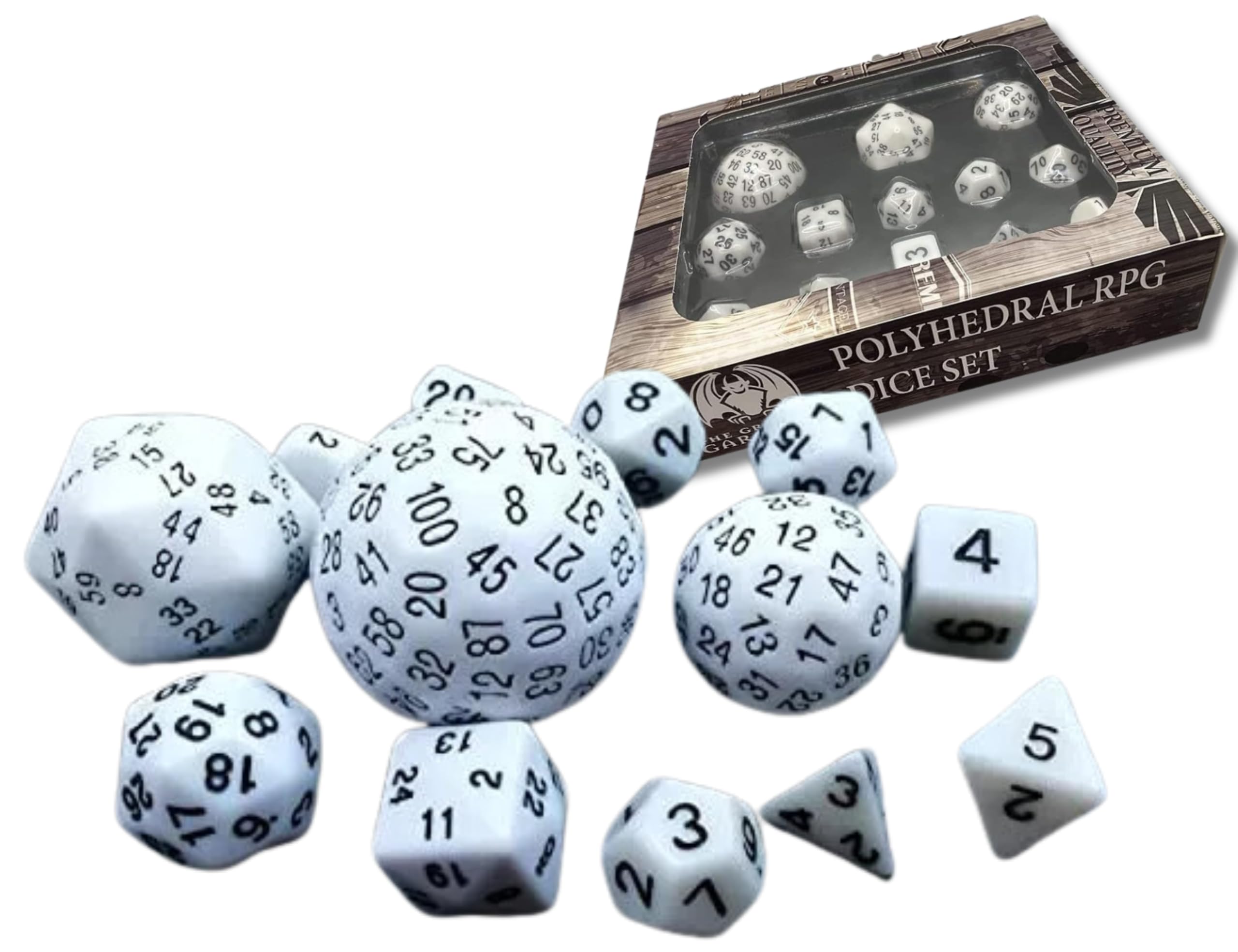 Grinning Gargoyle – 13x Deluxe Poly RPG Dice Set - Perfect for DND 5th Edition Pathfinder Starfinder Cyberpunk and Blades in The Dark – Includes a Giant 45mm 100 Sided Polyhedral Die or D100 (White)
