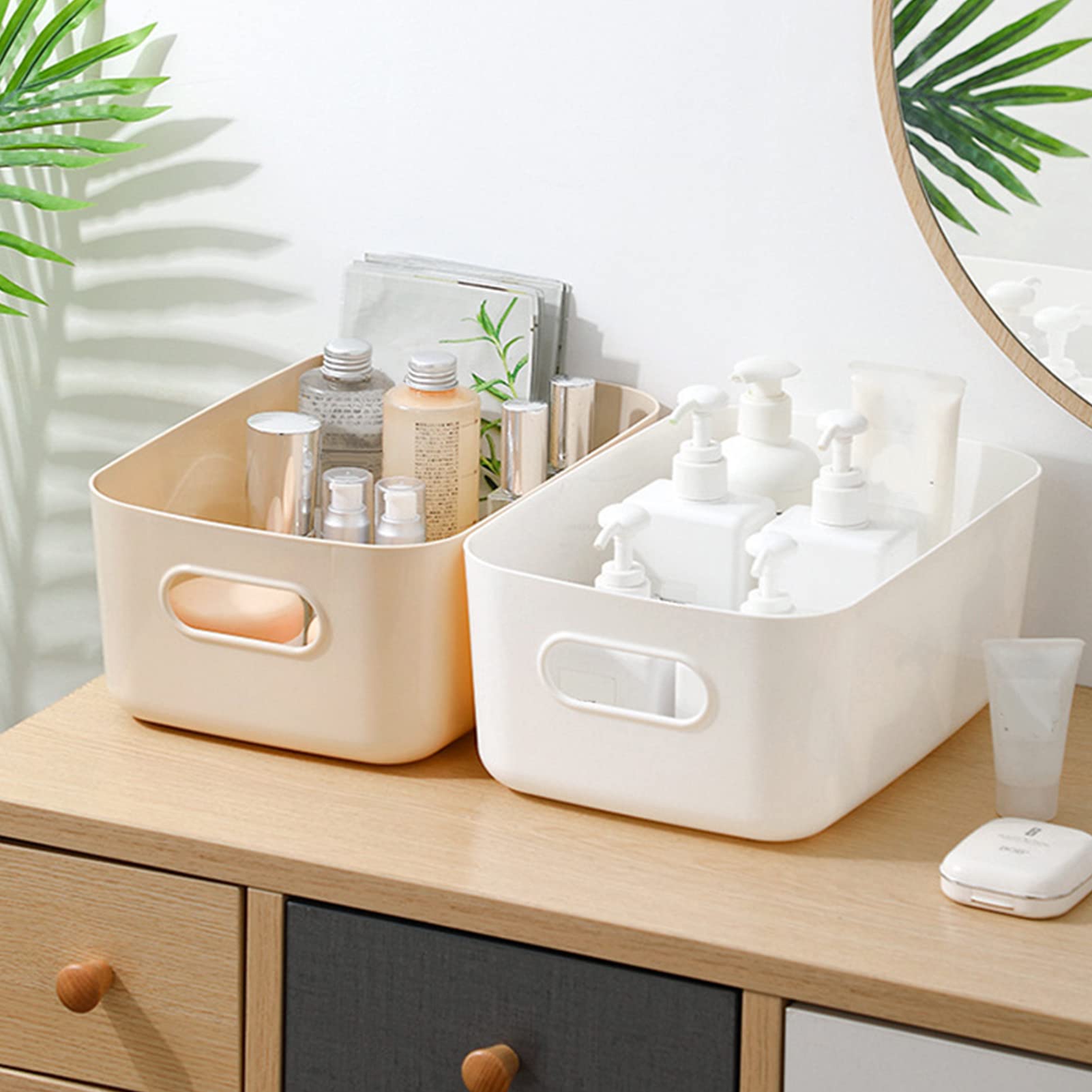 CHEOTIME Plastic Storage Basket, Desktop Storage Basket with Handle Reusable PP Cosmetic Storages Box Desktops Sundries Organizer with Handle for Household(Medium-White)
