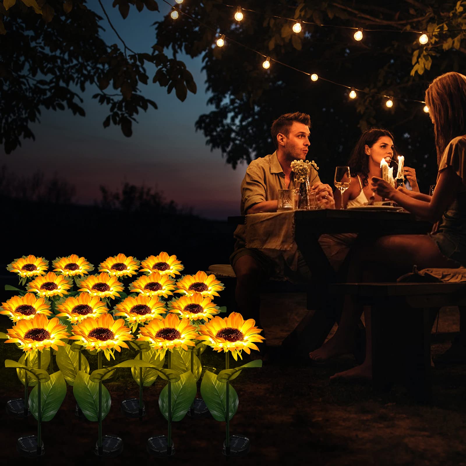 GRUTTI 2-Pack 20 LED Outdoor Solar Sunflower Lights, IP65 Waterproof Decorative Lights Solar Powered Garden Lights for Garden Patio Porc Backyard Pathway