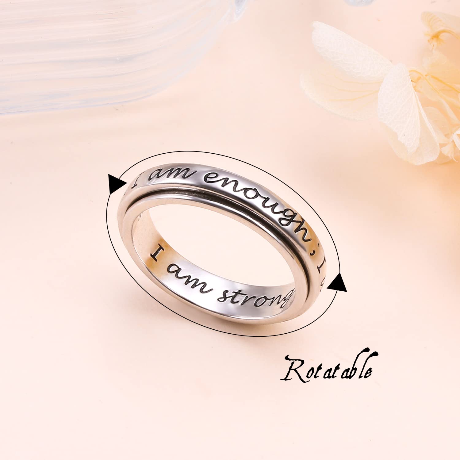 JZMSJF Men Women Spinner Ring 925 Sterling Silver Fidget Rings for Anxiety Stress Relieving ADHD Autism Rings I Am Enough Inspirational Band Ring Size 8