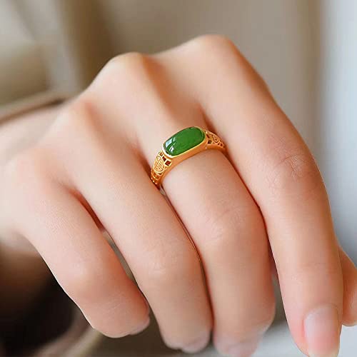 925 Silver Wedding Ring Jewelry Natural Hetian Jade Chinese Style Retro Rectangular Oval Hollow Edge Open Square Adjustable Lady Ring (Green Resizable)