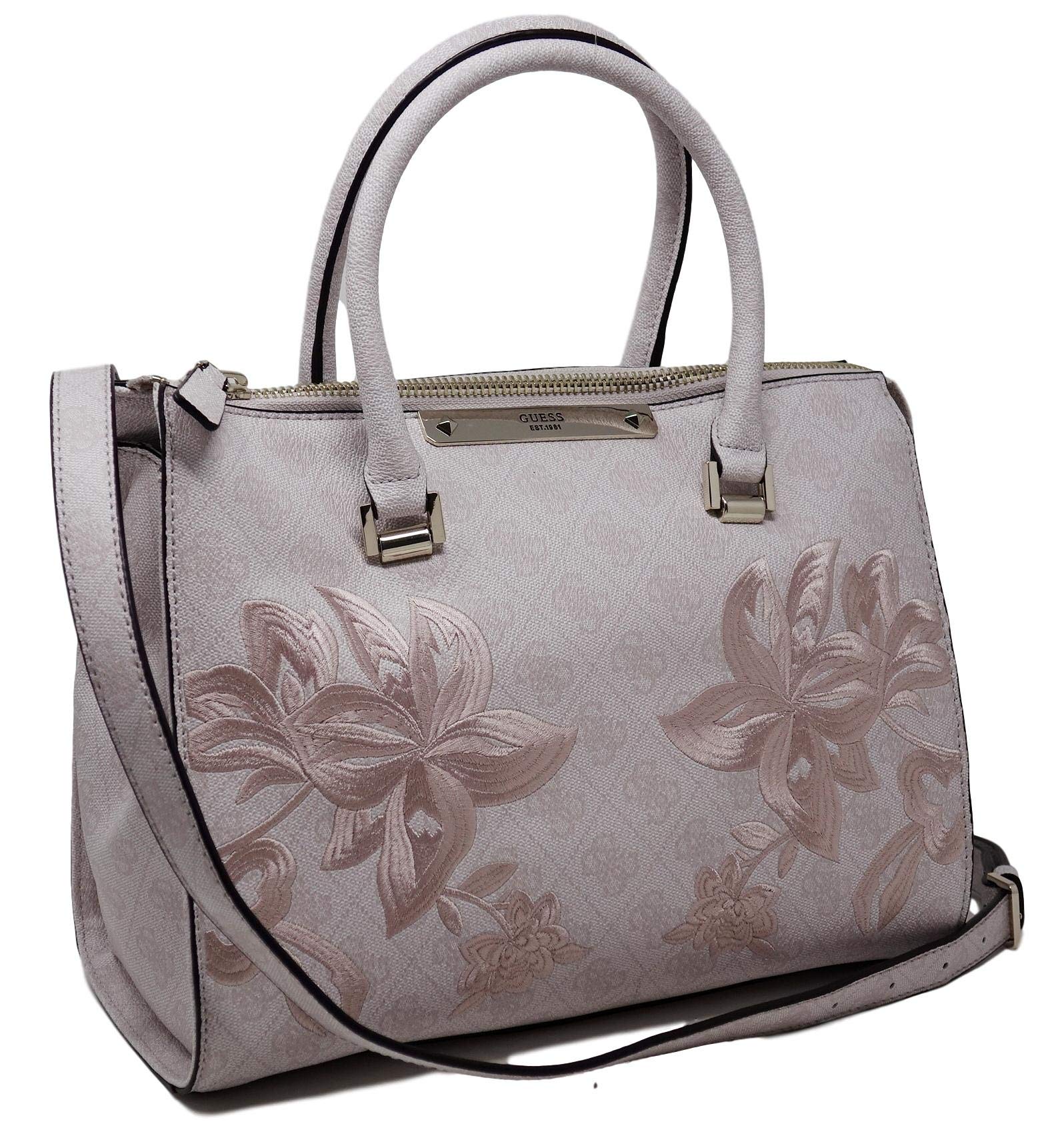 GUESS Women's Britta Logo Floral Embroidery Satchel Crossbody Bag Handbag - Cement