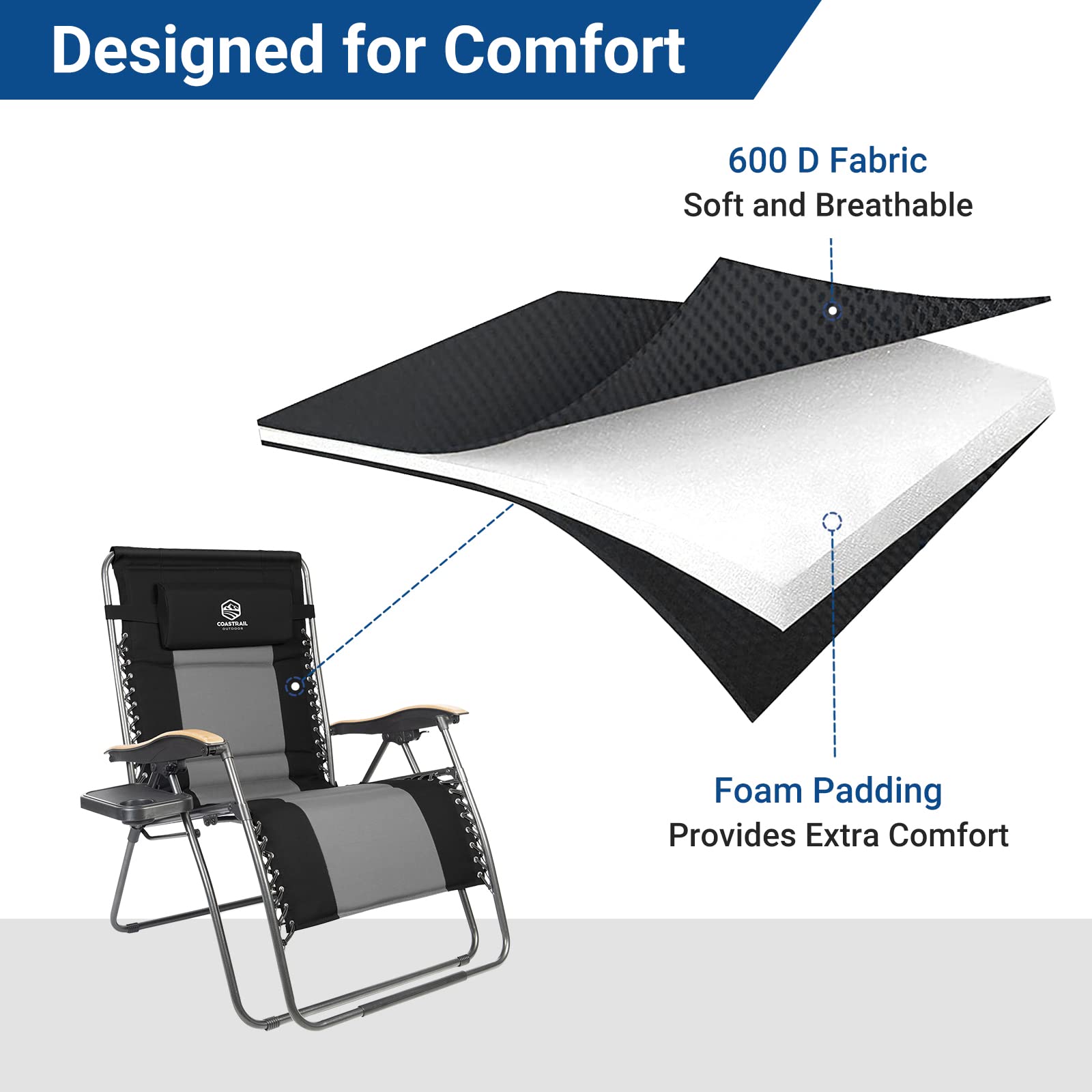 Coastrail Outdoor Zero Gravity Chair Oversized XXL 33.5" Patio Padded Reclining Lounger with Pillow, Side Table for Camping, Lawn, Garden Black/1pack