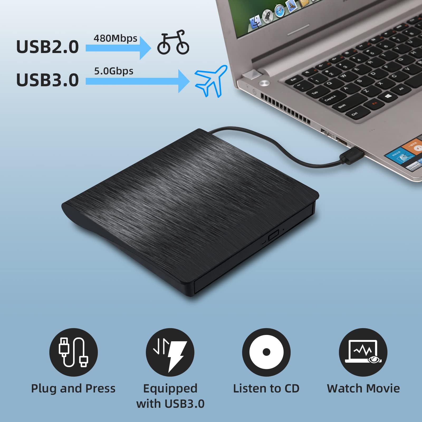 BILEYCHA External DVD/CD Drive, USB 3.0 Slim Portable CD DVD +/-RW Drive, External DVD/CD ROM Writer for Laptop or Desktop Compatible with Windows XP/7/8/10, Mac OS, Linux