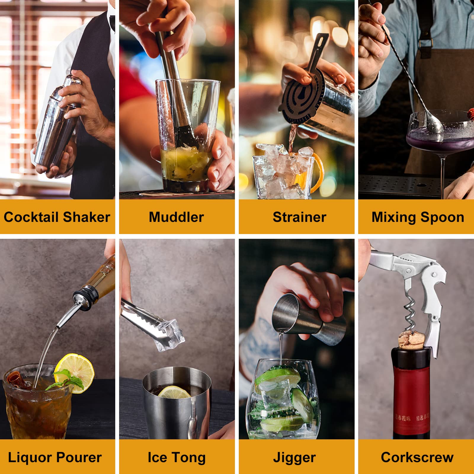 Vabaso Bartender Kit, Cocktail Shaker Set for Mixed Drink Home Bar, 25oz Professional 18/8 Stainless Steel Bar Tool Set with Cocktail Recipes Booklet, Father's Day Christmas White Elephant Gift Men