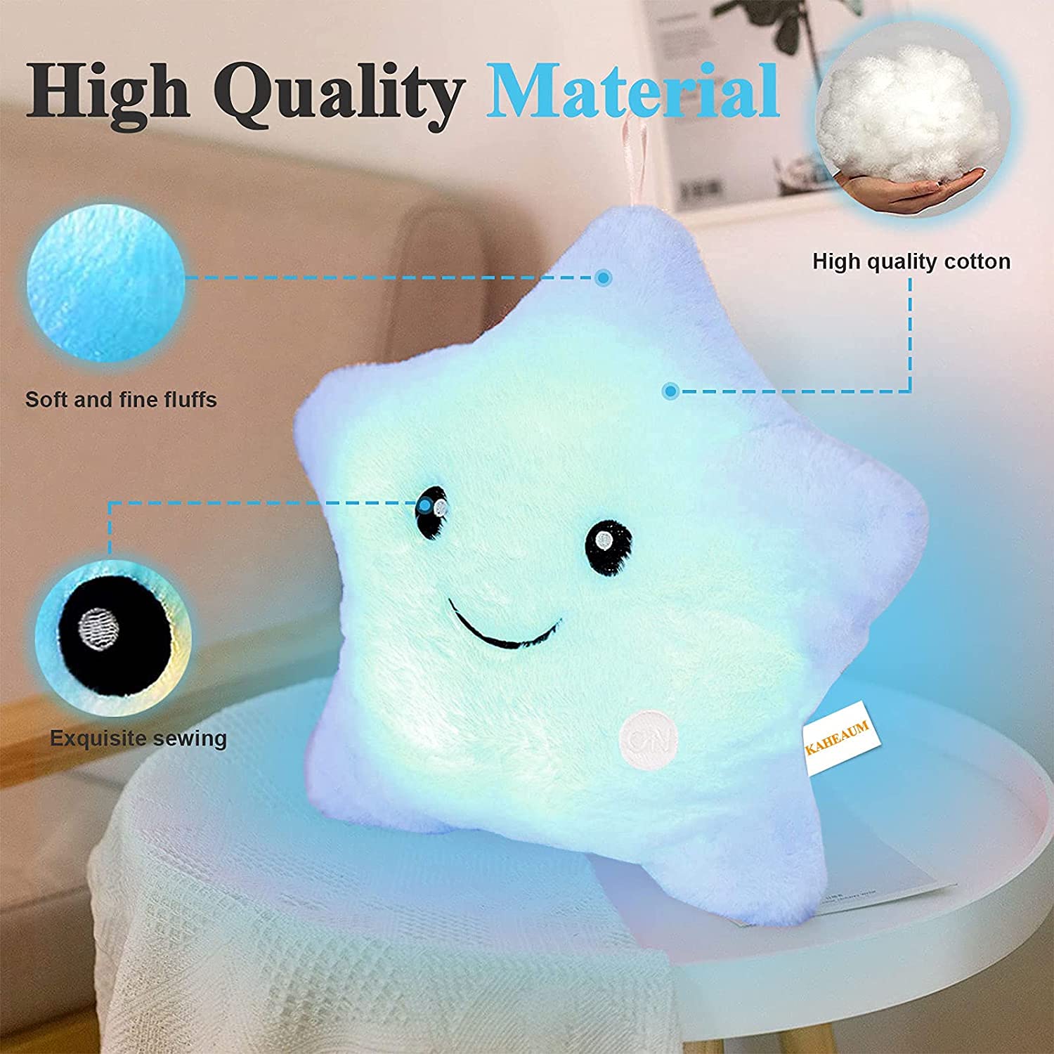 KAHEAUM Cute LED Night Light Up Throw Pillow Inserts Star Stuffed Animals Plush Toys for Kids Children’s Day Gift Son Daughter Girls Boys,Decorative Blue Throw Pillows for Couch,Sofa,Bed,Room,Office