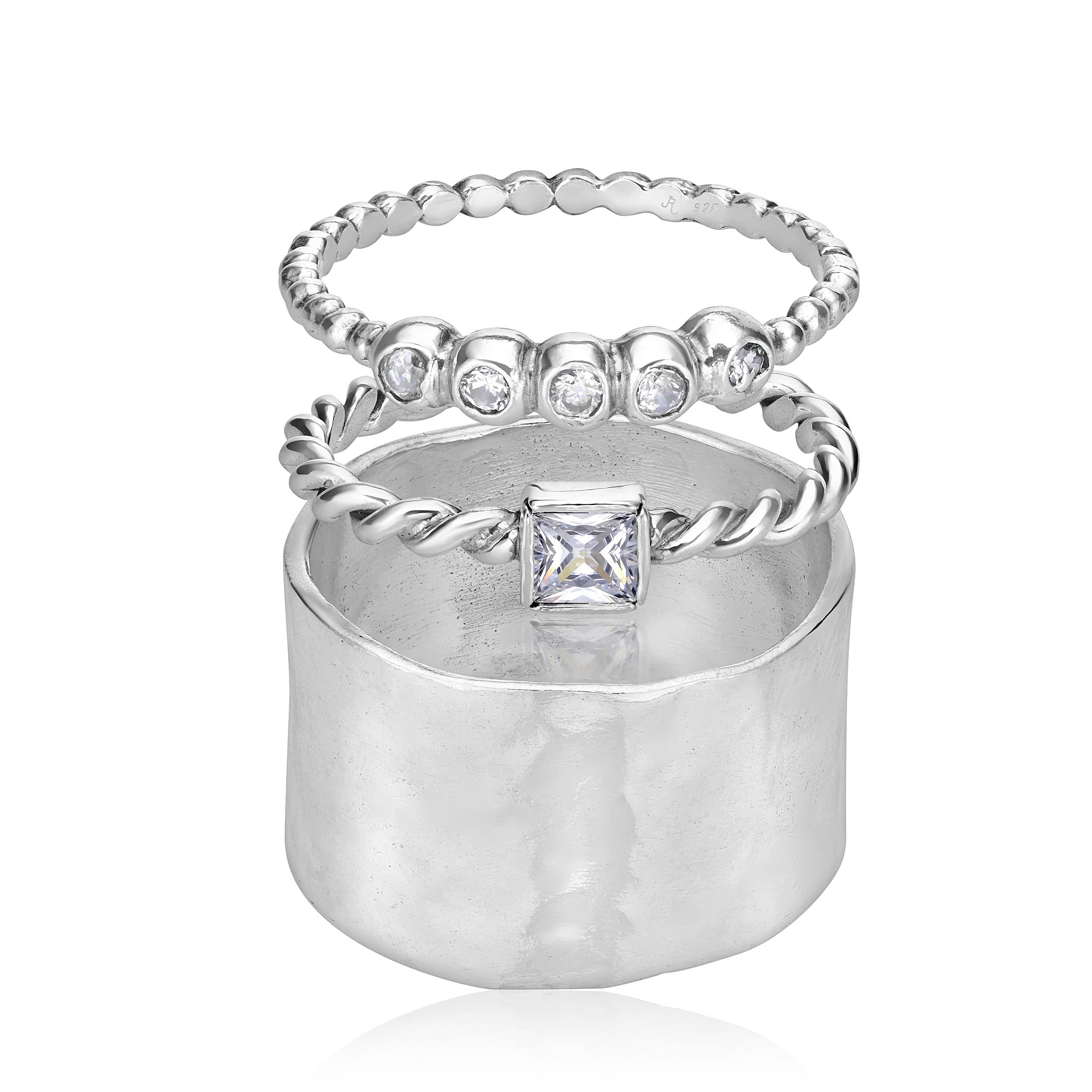 925 Sterling Silver Stack Ring With 1 White Square, 5 Round Cubic Zirconia 3 Rings, Stackable, Hypoallergenic, Nickel and Lead-free, Artisan Handcrafted Designer collection, Made In Israel
