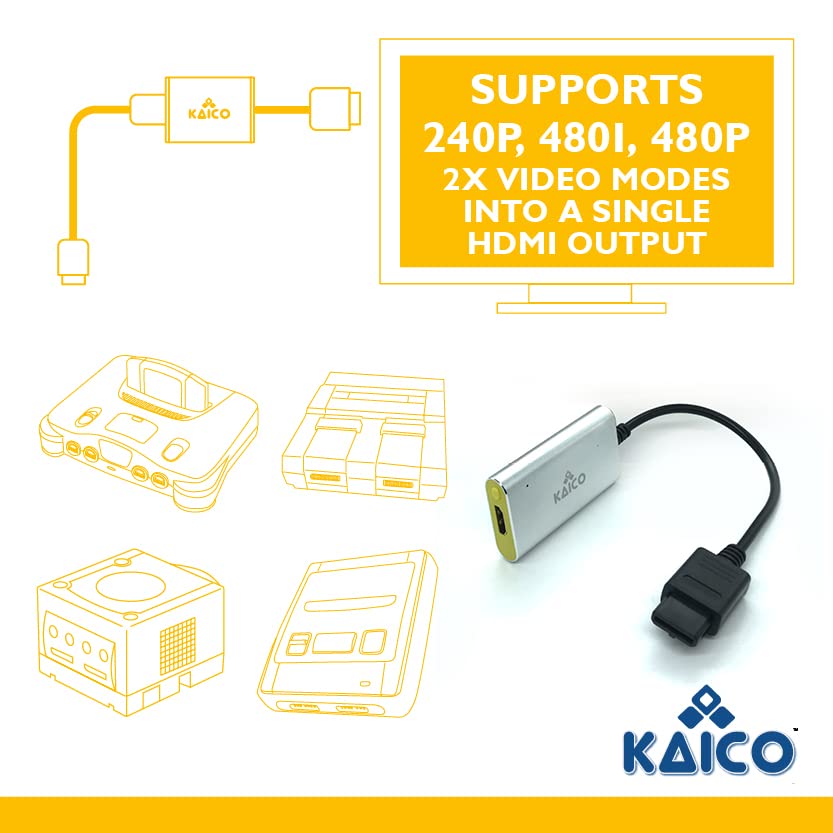 Kaico Nintendo 64 HDMI Adapter, N64 to hdmi for Nintendo 64 Super Nintendo, Super Famicom and Gamecube - Supports 2X Line-Doubling - A Simple Plug & Play for Nintendo 64, GC and SNES HDMI Adapter