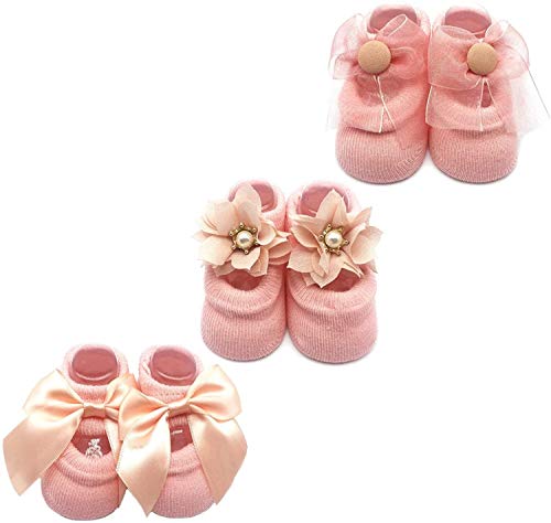 Elesa Miracle 3 Pairs Baby Girl Newborn Baby Photography Props Anti Slip Flower Pearl Bownote Socks
