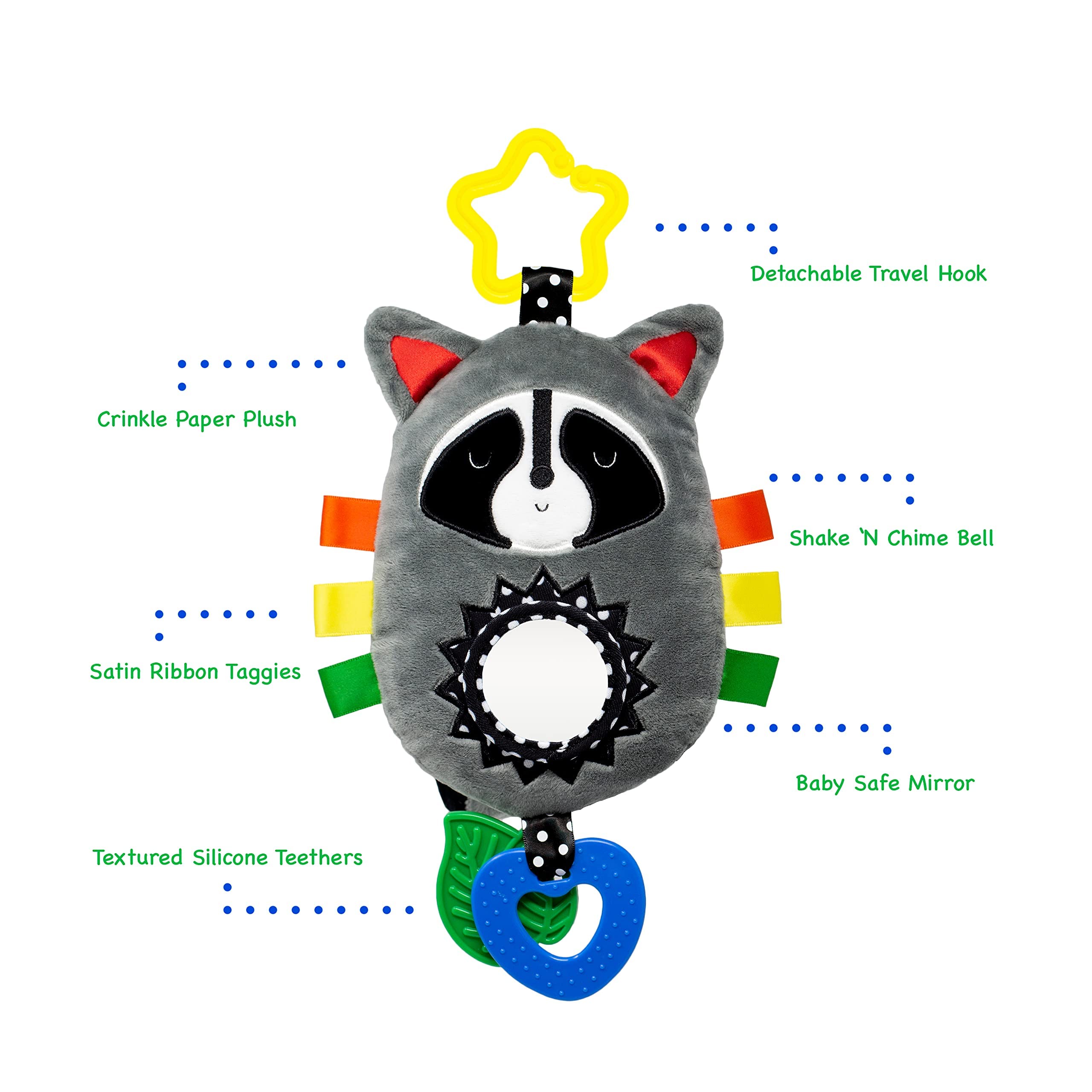 Kalianii Squish 'N Play Raccoon Activity Toy- Multi-Sensory Learning Baby Toy - Stroller Toy, Car Seat Toy, Tummy Time Toy, Teether Toy, Baby Gift - with Mirror, Rattle & Taggies